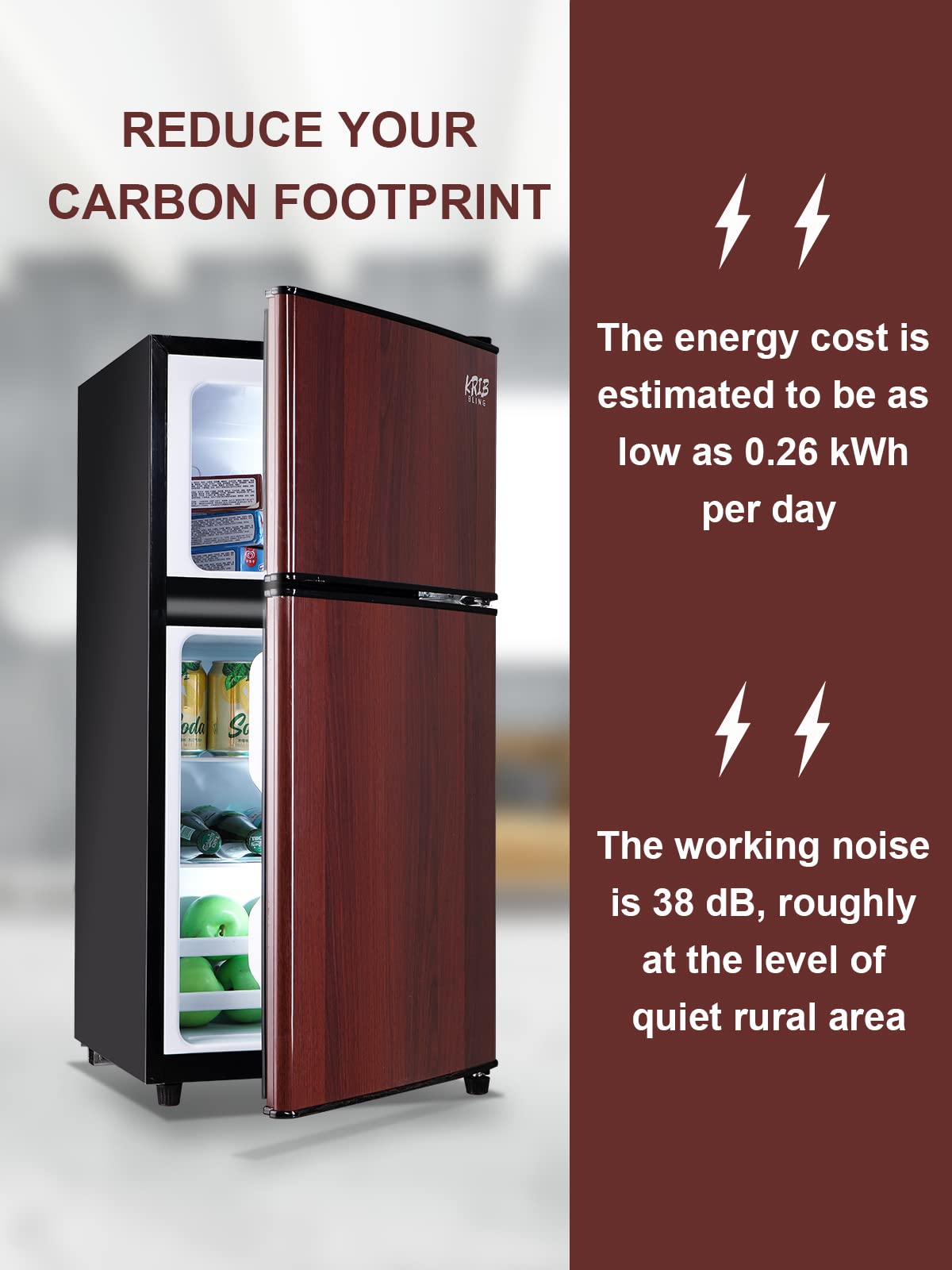 KRIB BLING 3.5 Cu.Ft Refrigerator 2 Door 7 Level Adjustable Thermostat Control Top-Freezer Refrigerator Lock Fresh Energy Saving Wood