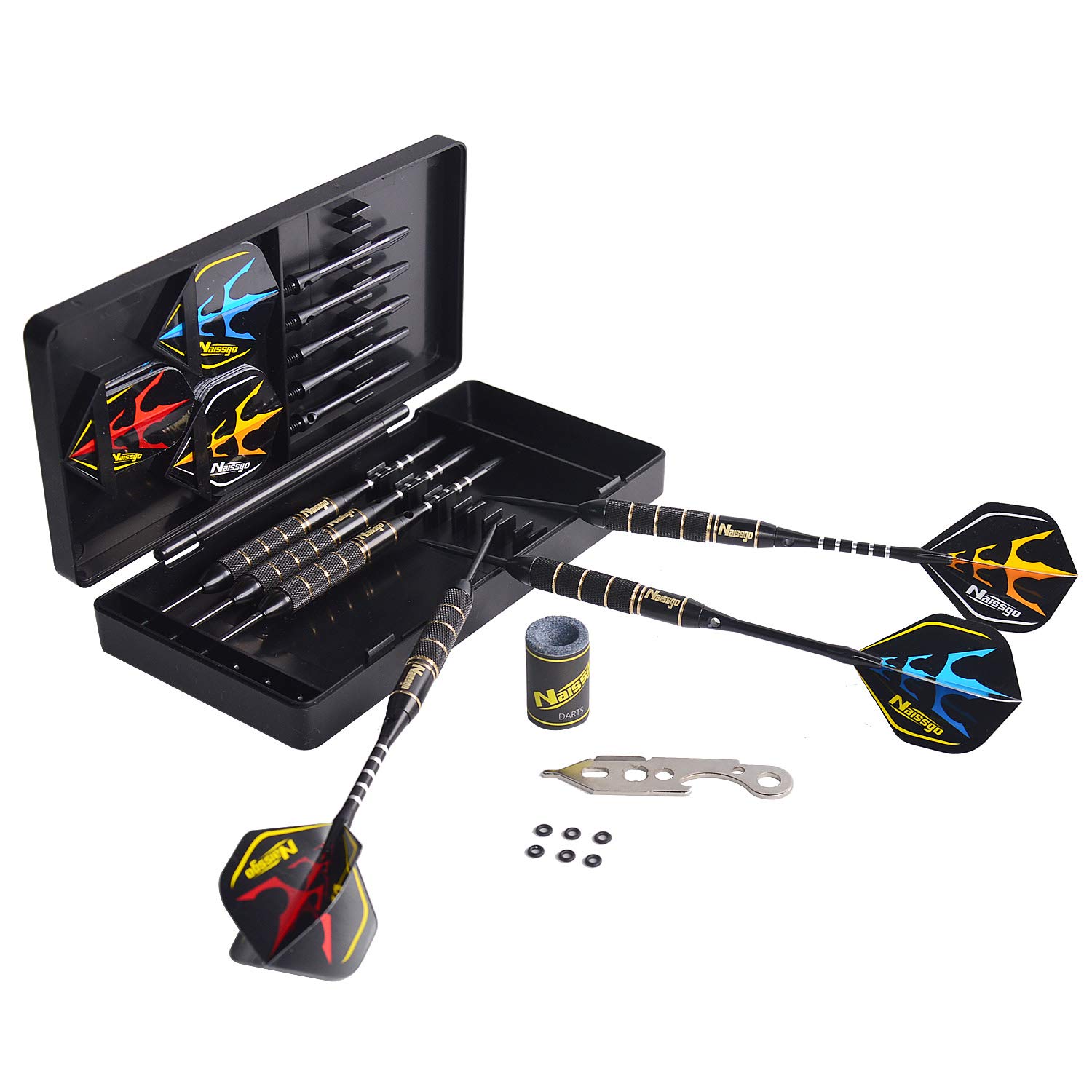Naissgo Steel Tips Darts Set - Professional Darts Steel Tip with Brass Barrels and Extra Aluminum Shafts, O-Rings, Flights + Dart Tool and Sharpener + Gift Case (Plastic Black Box 22g)