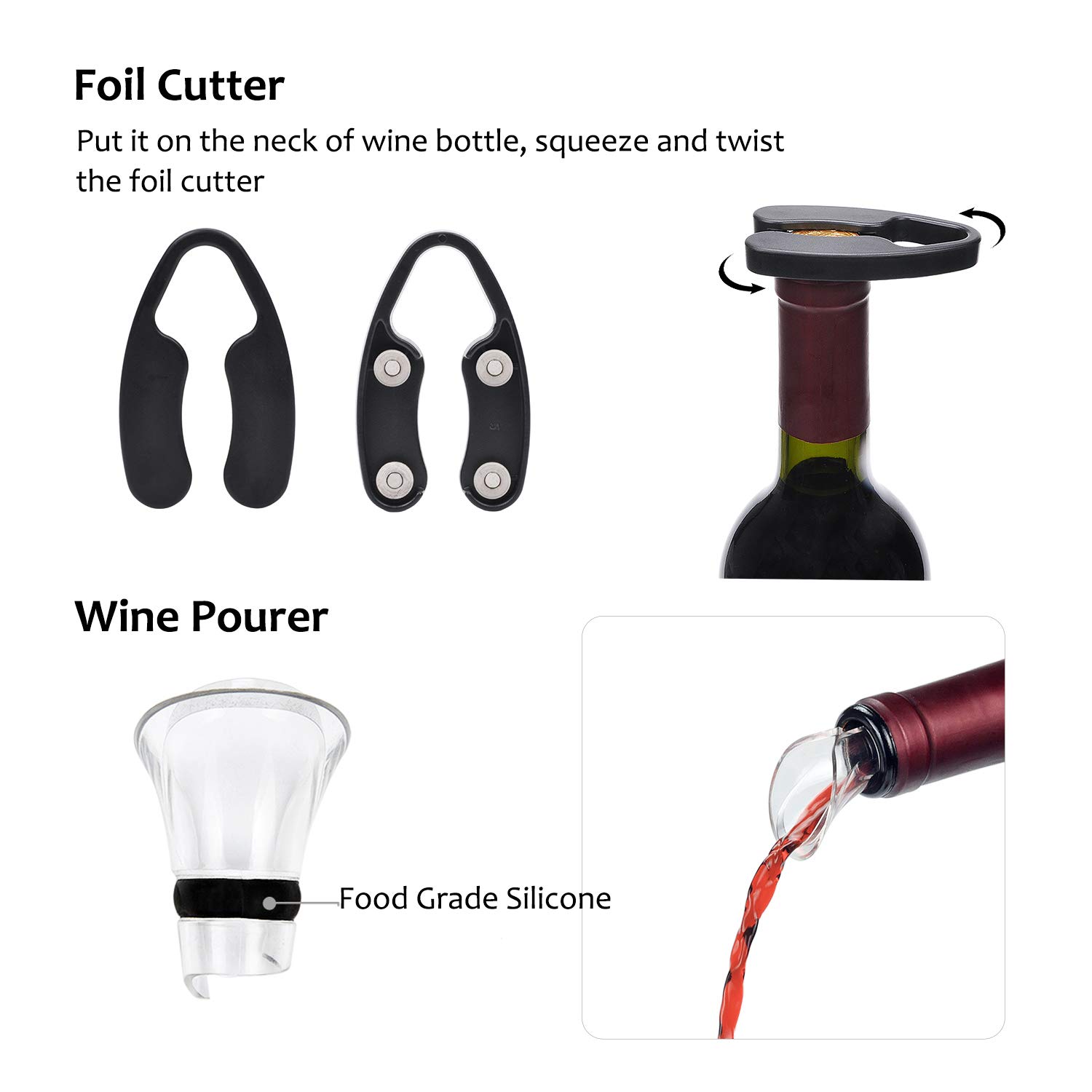 Wine Air Pressure Pump Opener Set, Tirrinia Wine Bottle Cork Remover Accessory Tool Kit with Wine Saver, 2 Vacuum Stoppers, Wine Pourer and Foil Cutter, Perfect Wine Lover Gifts, Silver