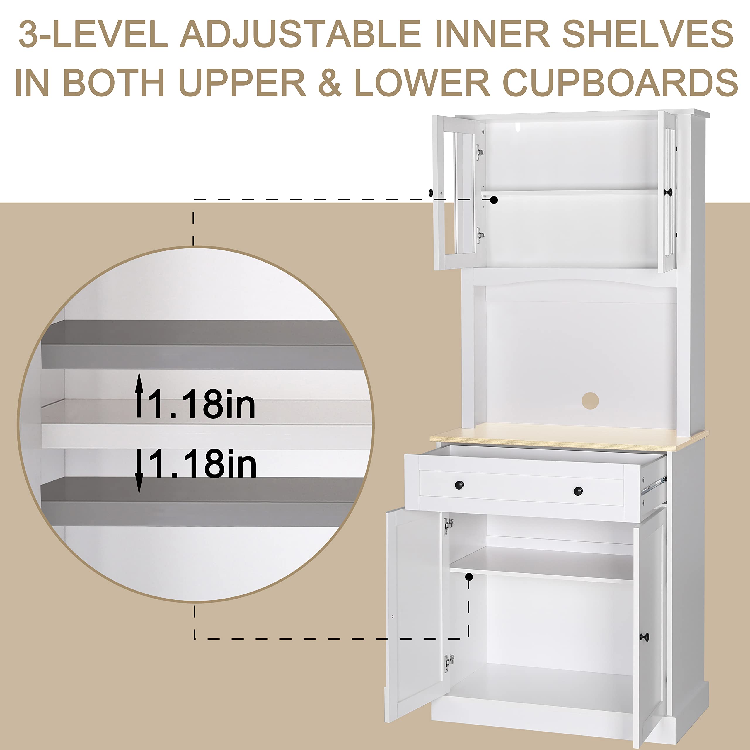 MUPATER 72'' Kitchen Pantry Storage Cabinet Buffet Hutch with Microwave Stand and Drawer, Freestanding Kitchen Pantry with Framed Glass Doors and Shelves, White
