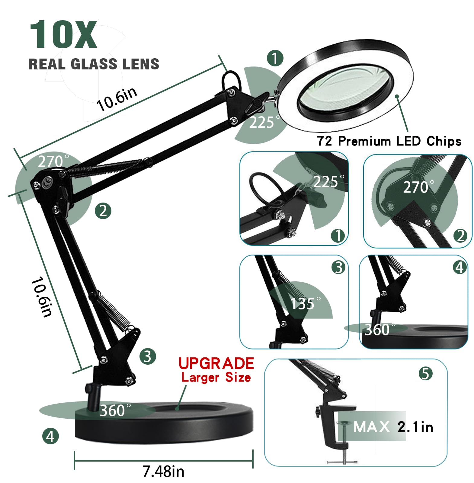 Nerefou Magnifying Glass with Light and Stand, 10X Magnifying Lamp, 2-in-1 Magnifying Desk Lamp with Clamp, 3 Color Mode, Magnifying Glasses with Light for Close Work (1st Generation Base & Clamp)