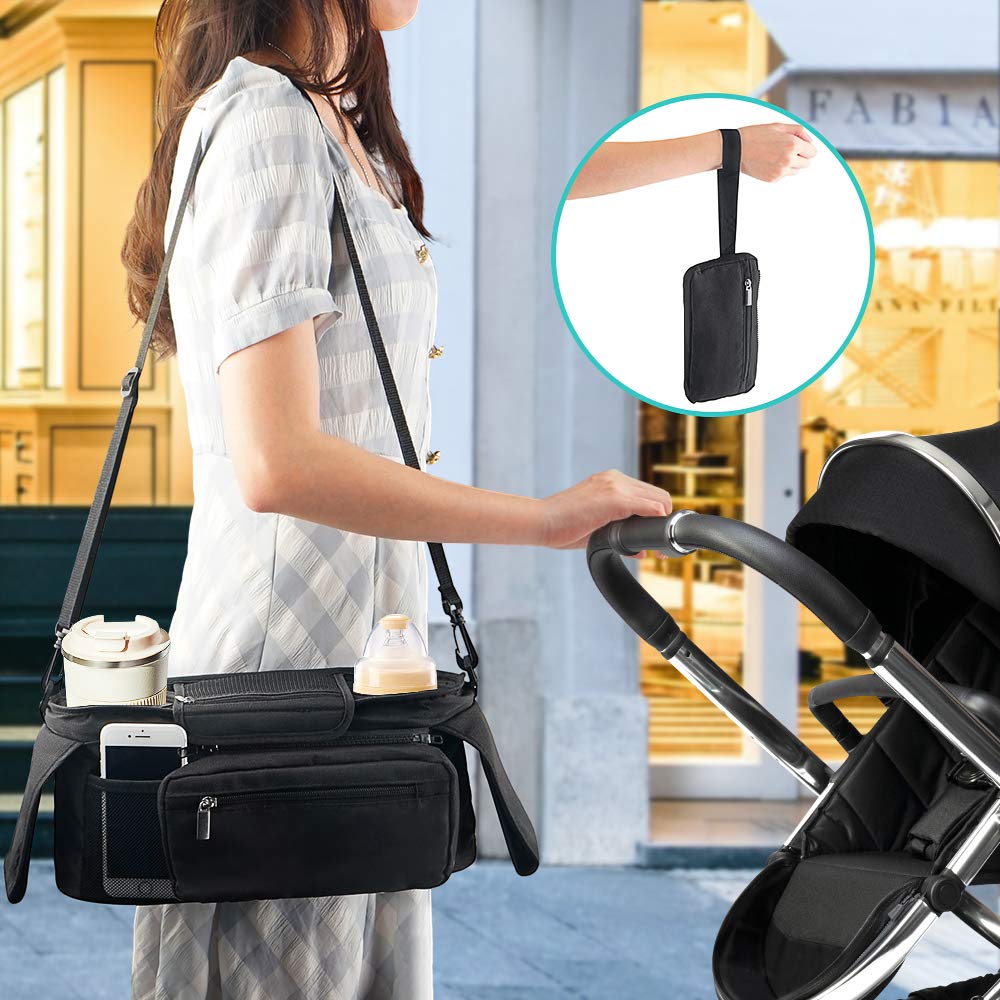 Mestron Universal Stroller Organizer Bag with Insulated Cup Holder- Detachable Zippered Bag & Adjustable Strap, Fits for All Baby Stroller Models like Uppababy, Baby Jogger, Britax, Bugaboo