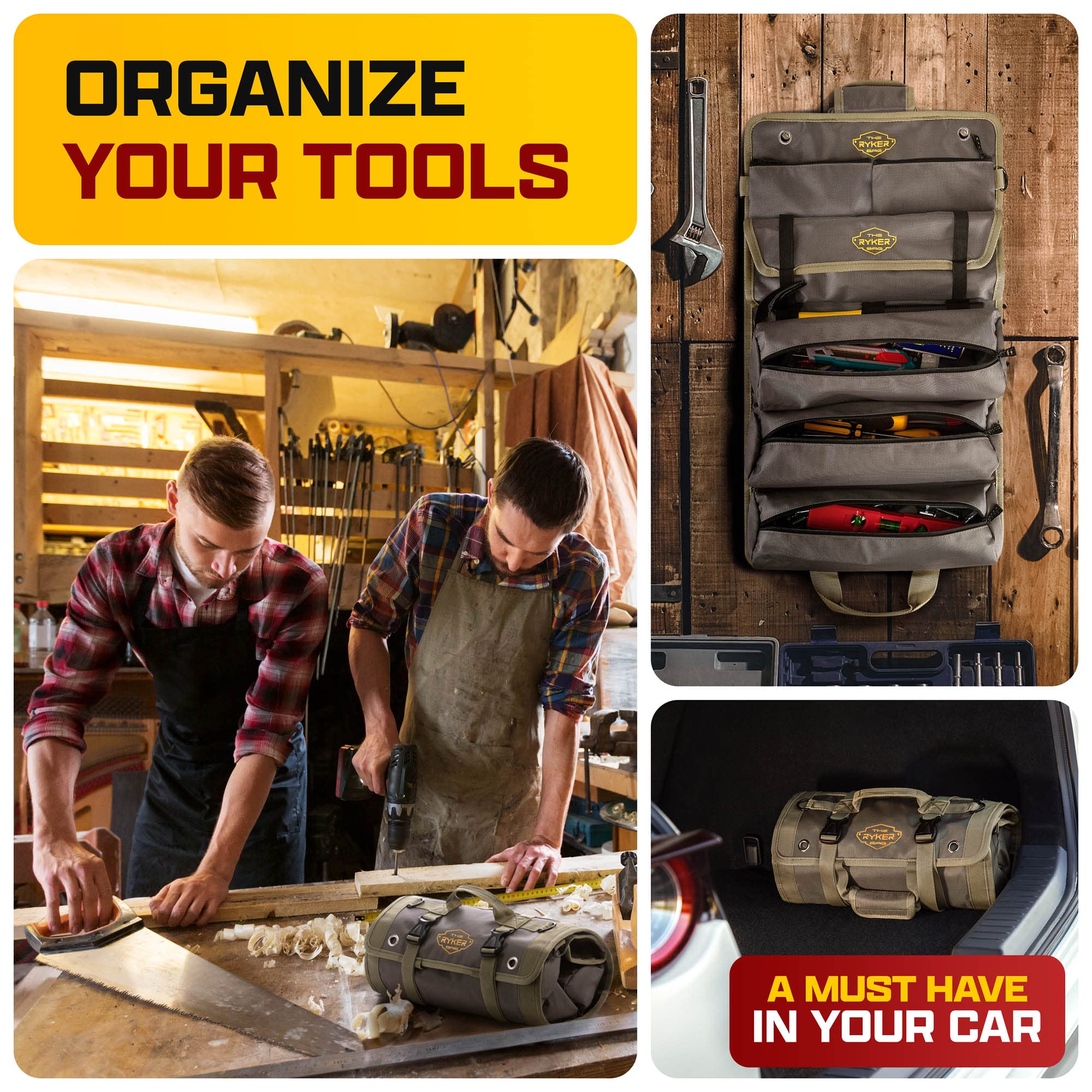 The Ryker Bag PRO Official Tool Roll Organizer – 4 Detachable Tool Pouches + Wrench Organizer, Heavy Duty Tool Bags for men + women Roll Up Tool Bag for Mechanic/Electrician Tools Storage