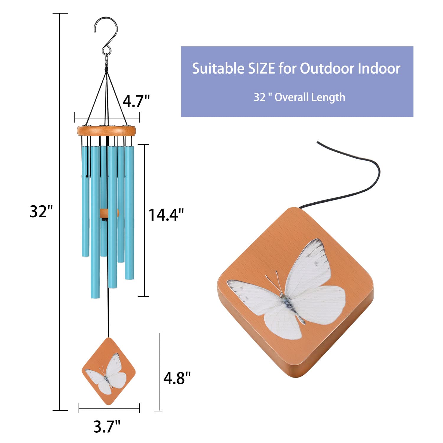 LGEGE Wind Chimes for Outside,White Butterfly Aluminum WindChime with Turquoise Blue Tubes, Unique Creative Outlook, for Father’s Day (32inch)