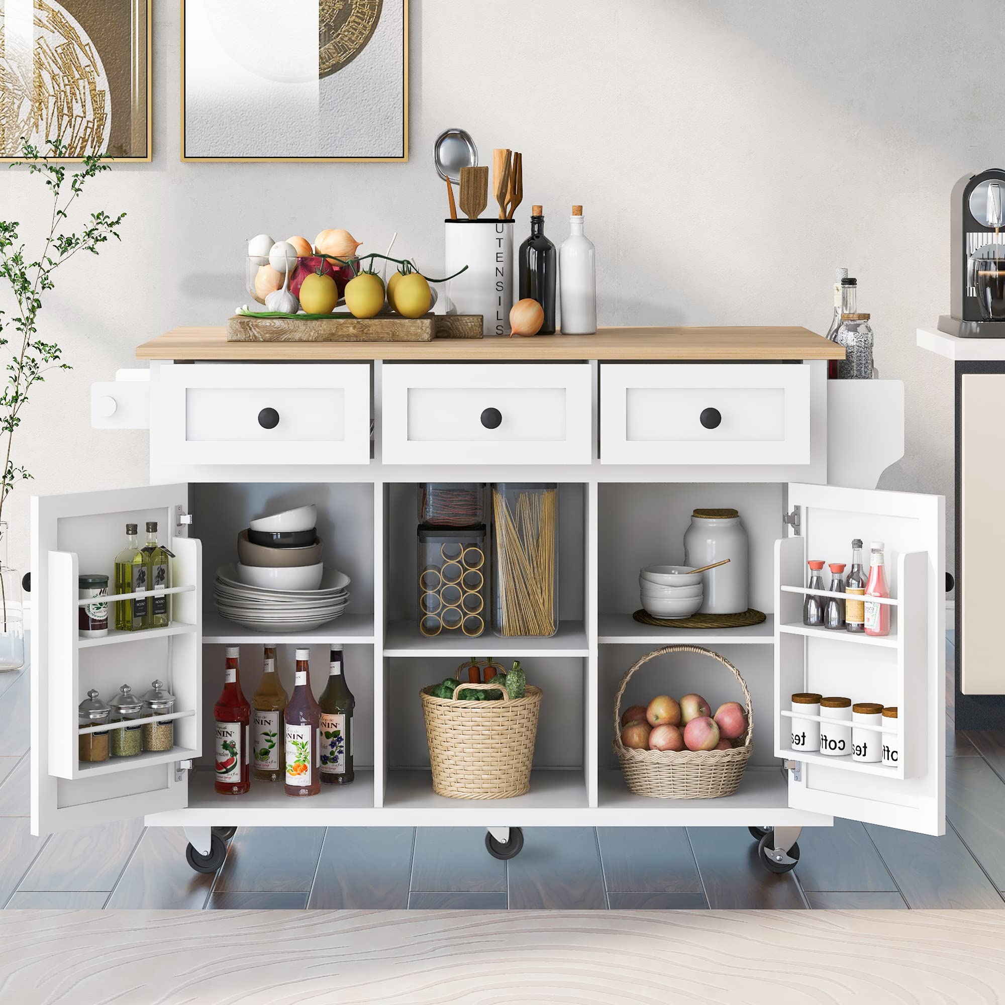 MACHOME Mobile Kitchen Cart Island Table on Wheels with Storage Cabinet, Rolling Kitchen Island Cart with 4 Door Cabinet and Two Drawers, Solid Wood Top Coffee Bar for Dining Room, White