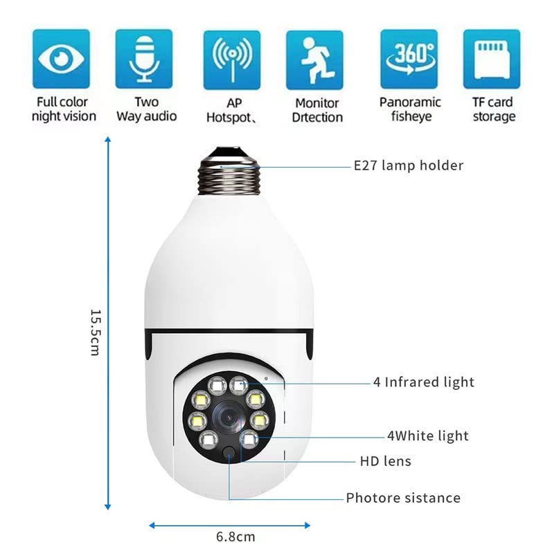 Light Bulb Camera 1 Pack, Wireless WiFi Full HD 5MP Security Light Bulb Camera, 360 Panoramic IP Camera, Indoor Outdoor, 1080P 5GHz WiFi Camera with Real-time Motion Detection, Alerts, Night Vision