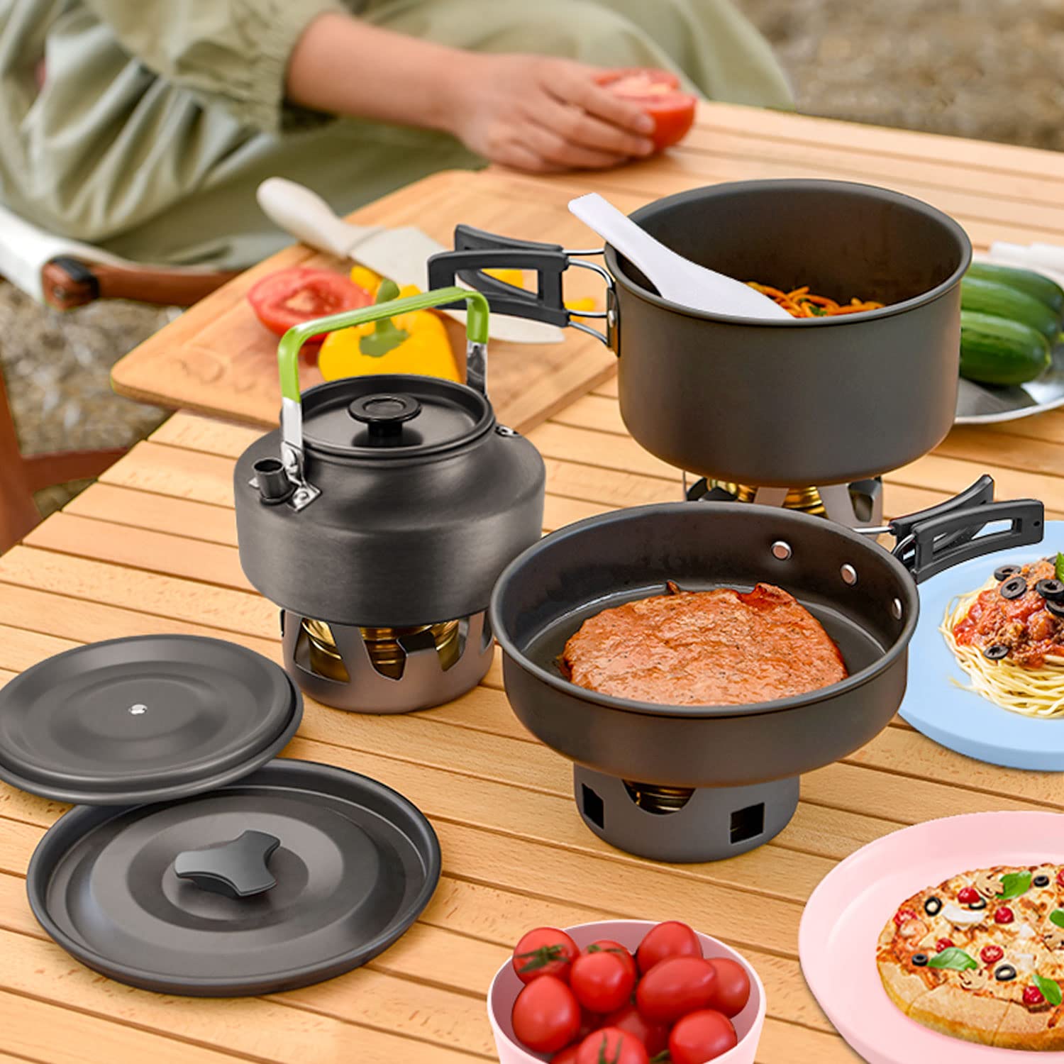 Odoland 24pcs Camping Cookware Kit, Non-Stick Lightweight Pot, Pan, Kettle Set with Plastic Cups, Portable Cookware Accessories for Outdoor Cooking, Hiking, Backpacking and Picnic