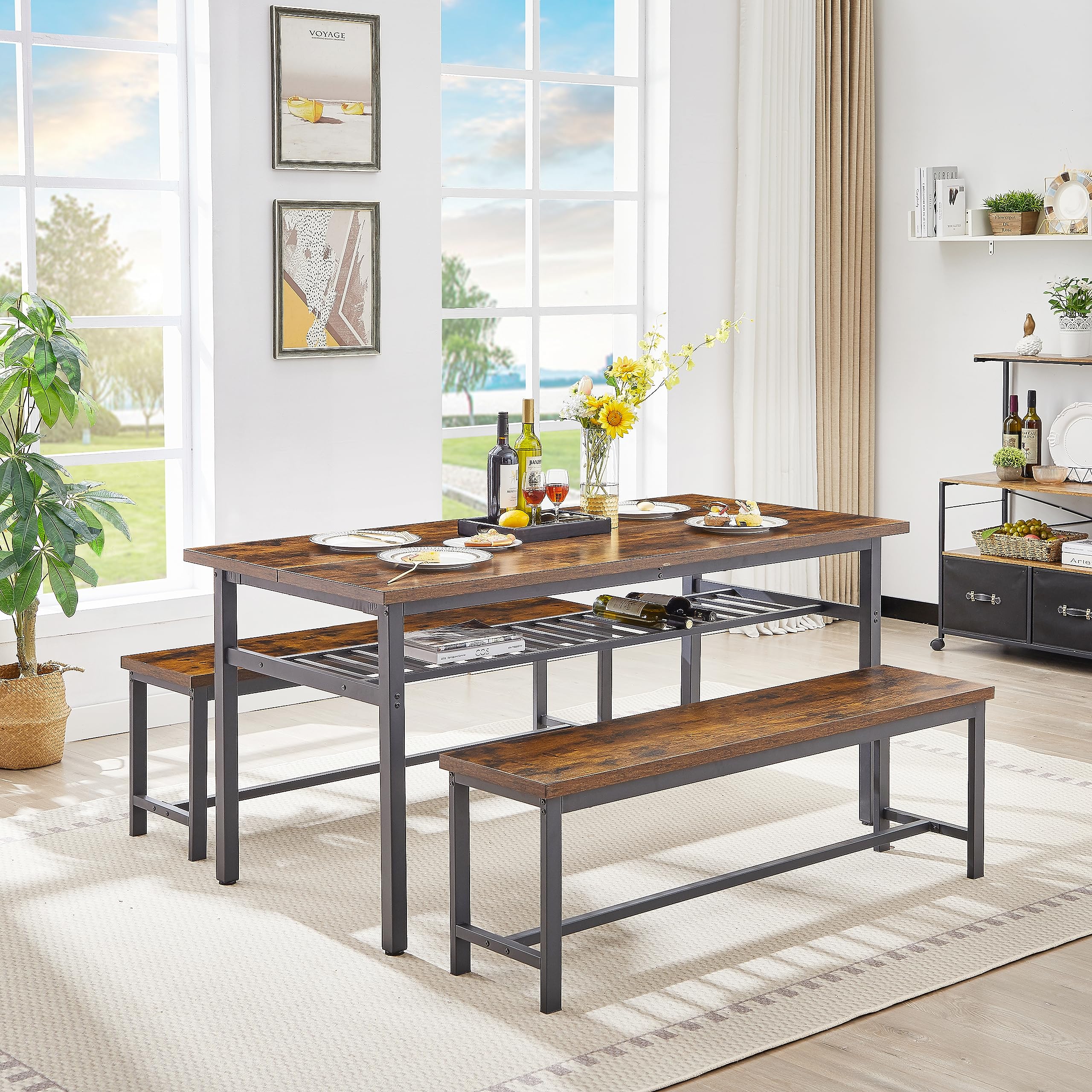 LIADTOP 3-Piece 67" Oversized 4-8 People, Set with 2 Benches,Space Saving Dinette with Chairs Metal Frame&MDF Board Dining Room Table for Kitchen,Rustic Brown