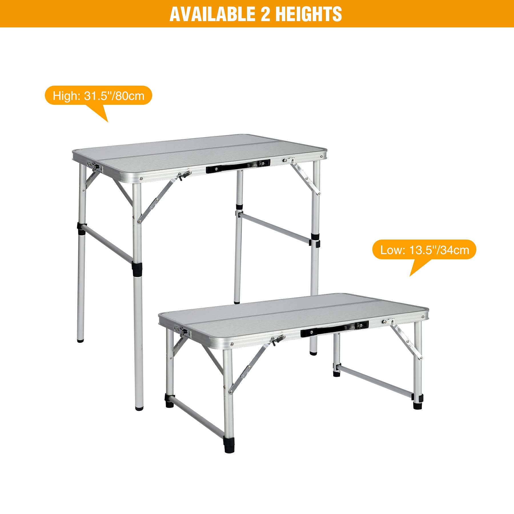 REDCAMP 2.5 Foot Folding Table Adjustable Height with Mesh Storage Organizer, Lightweight Portable Camping Table for Picnic Cooking Outdoor Indoor, White 29.5 x 19inche