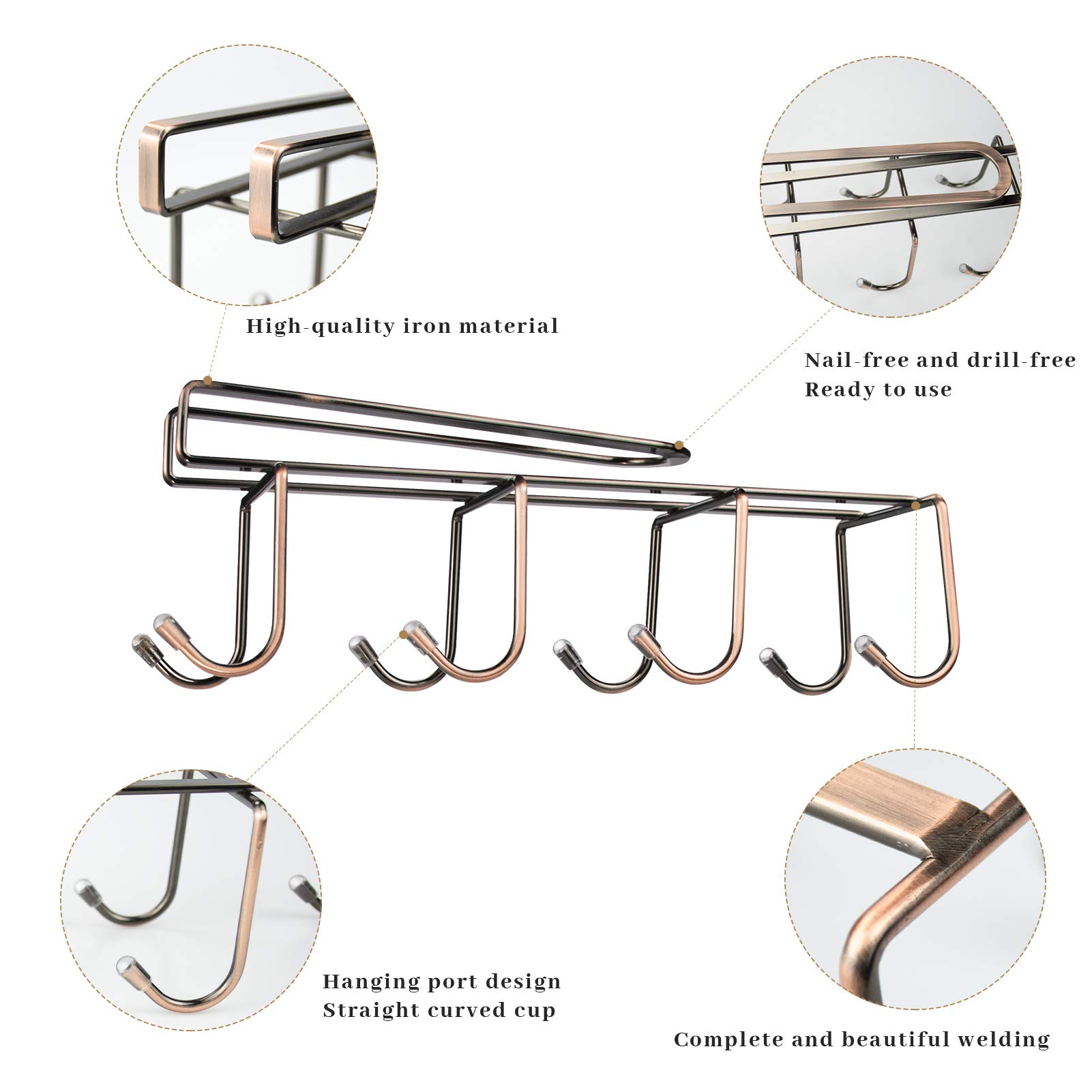MODOWEY 4Pcs Coffee Mug Holder, Durable Under Cabinet Cup Coffee Mug Holder for Kitchen, 8 Hooks Cup Rack Under Shelf - Fit for The Cabinet 1" or Less