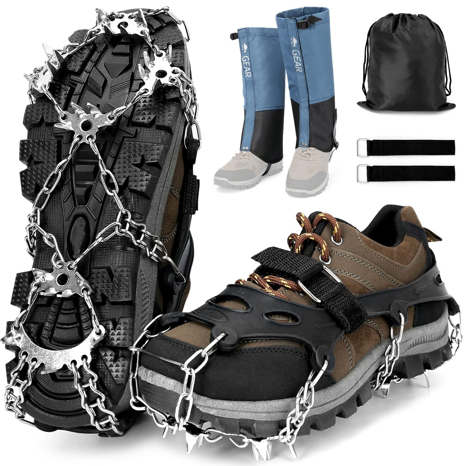 Odoland Bundle - Magnetic Interchangeable Ski Goggles with 2 Lens and Ice Cleats Traction with Leg Gaiters Blue