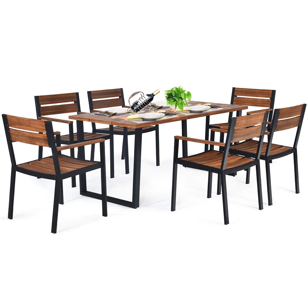 Tangkula 7 Pieces Patented Wood Patio Dining Set with Umbrella Hole, 6 Heavy Duty Acacia Armrest Chairs and Rectangle Table Set, Suitable for Deck Lawn Garden Poolside and Backyard