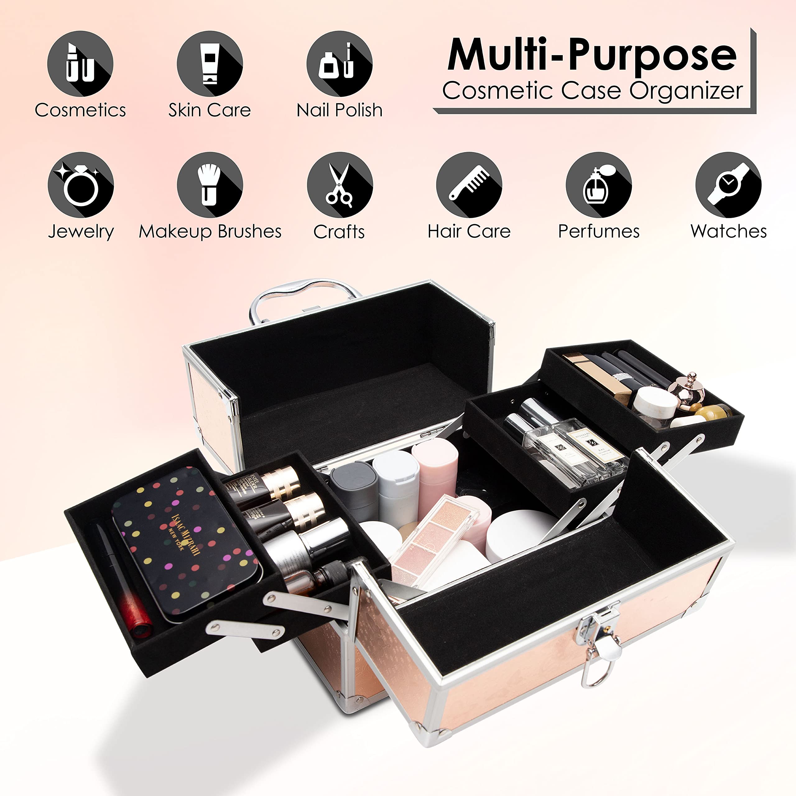 ZAK AND ZOEY Makeup Organizer - Cosmetics Organizer with 4 Trays & Bottom Compartment - Makeup Train Case with Latches & Handle - Makeup Case for Cosmetics & Tools, Rose Gold embossed butterfly