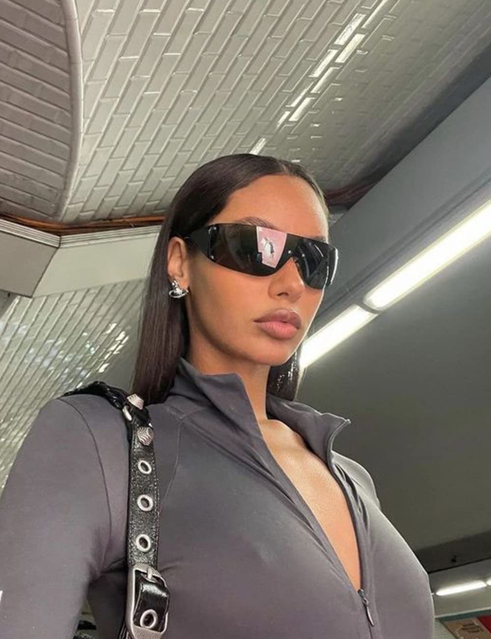 Rimless Y2K Sunglasses for Women Men 2000s Wrap Around Sunglasses Trendy Oversized Shield Sun Glasses UV400 Protection