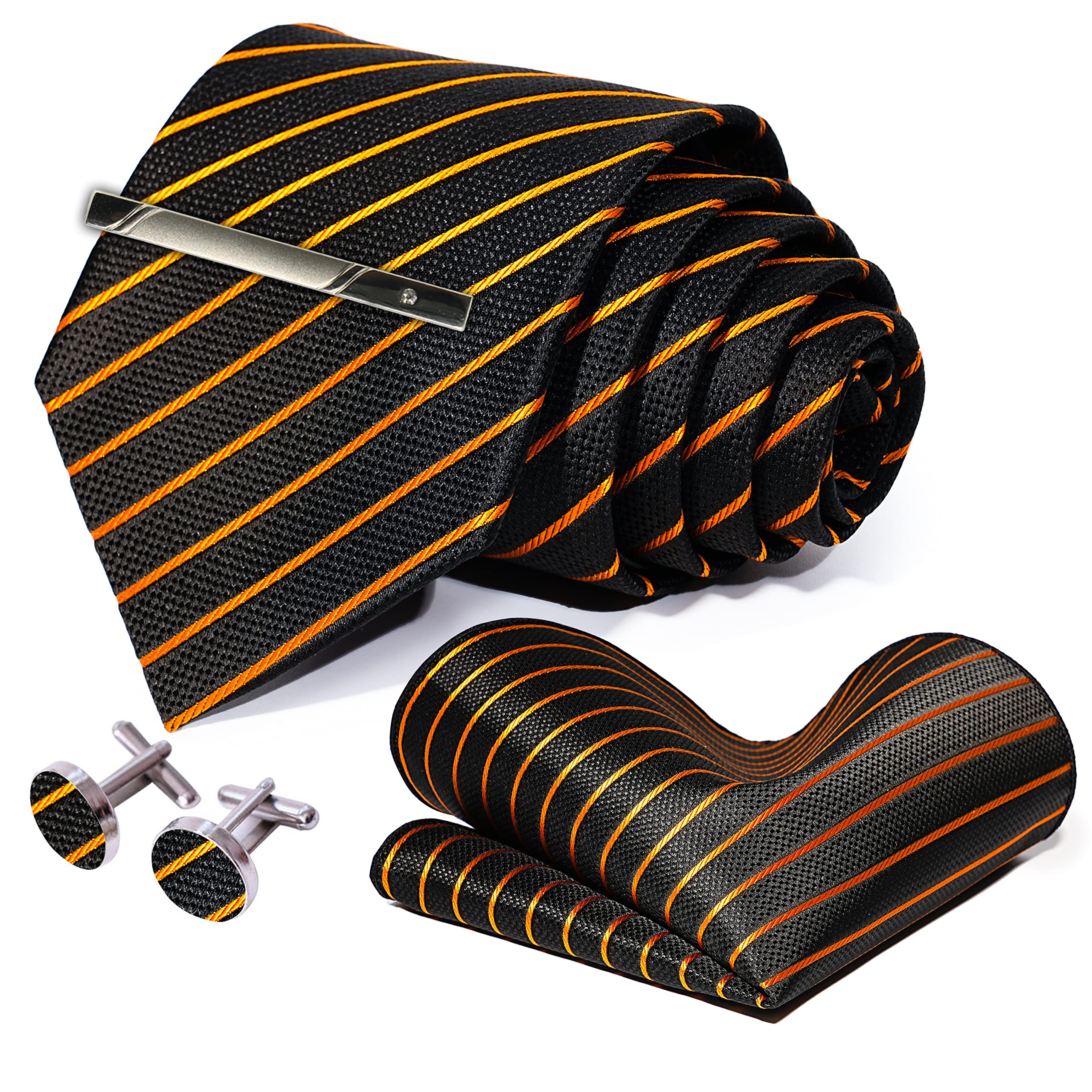 ROBERTO GABBANI Mens Gold Blue Tie Pocket Square Cufflinks Clip Set, Silk Plaid Necktie with Handkerchief Clip