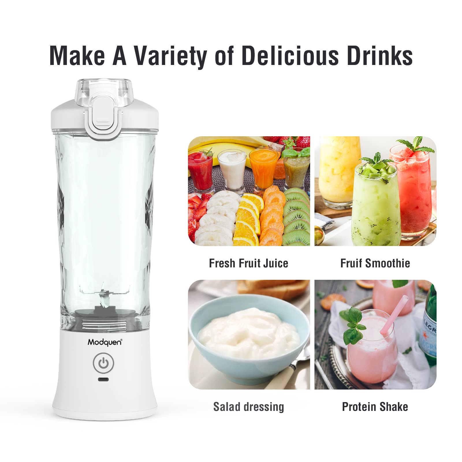 Modquen Portable Blender, 20 oz Personal Size Blender, Shakes and Smoothies Blender, 240 Watt BPA-Free Mini Blender Cup, USB Rechargeable Cordless Blenders (White)