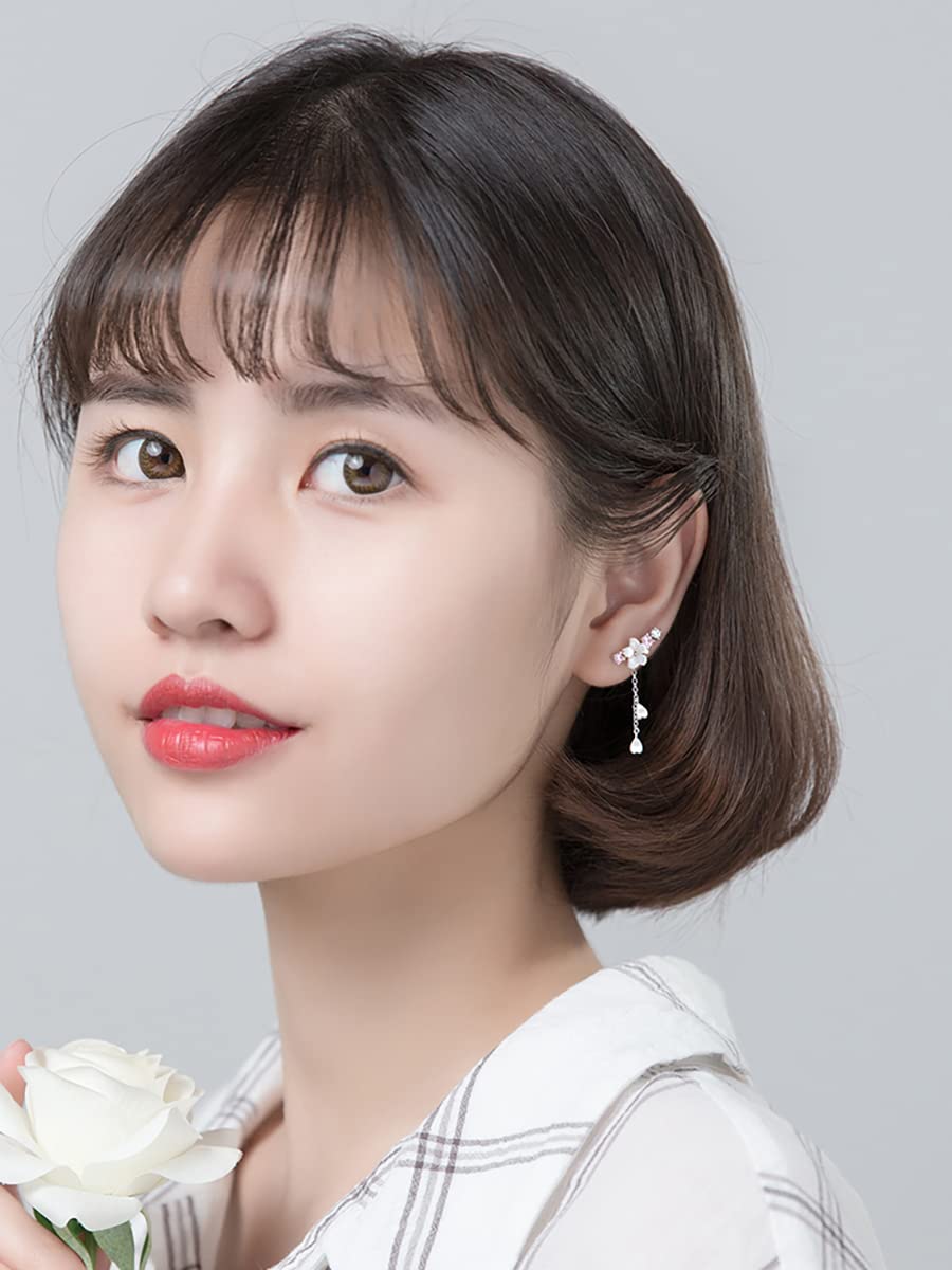 Reffeer Solid 925 Sterling Silver CZ Flower Crawler Earrings Wrap for Women Teens Dainty Flower Climber Earrings Cuff Dangle Chain