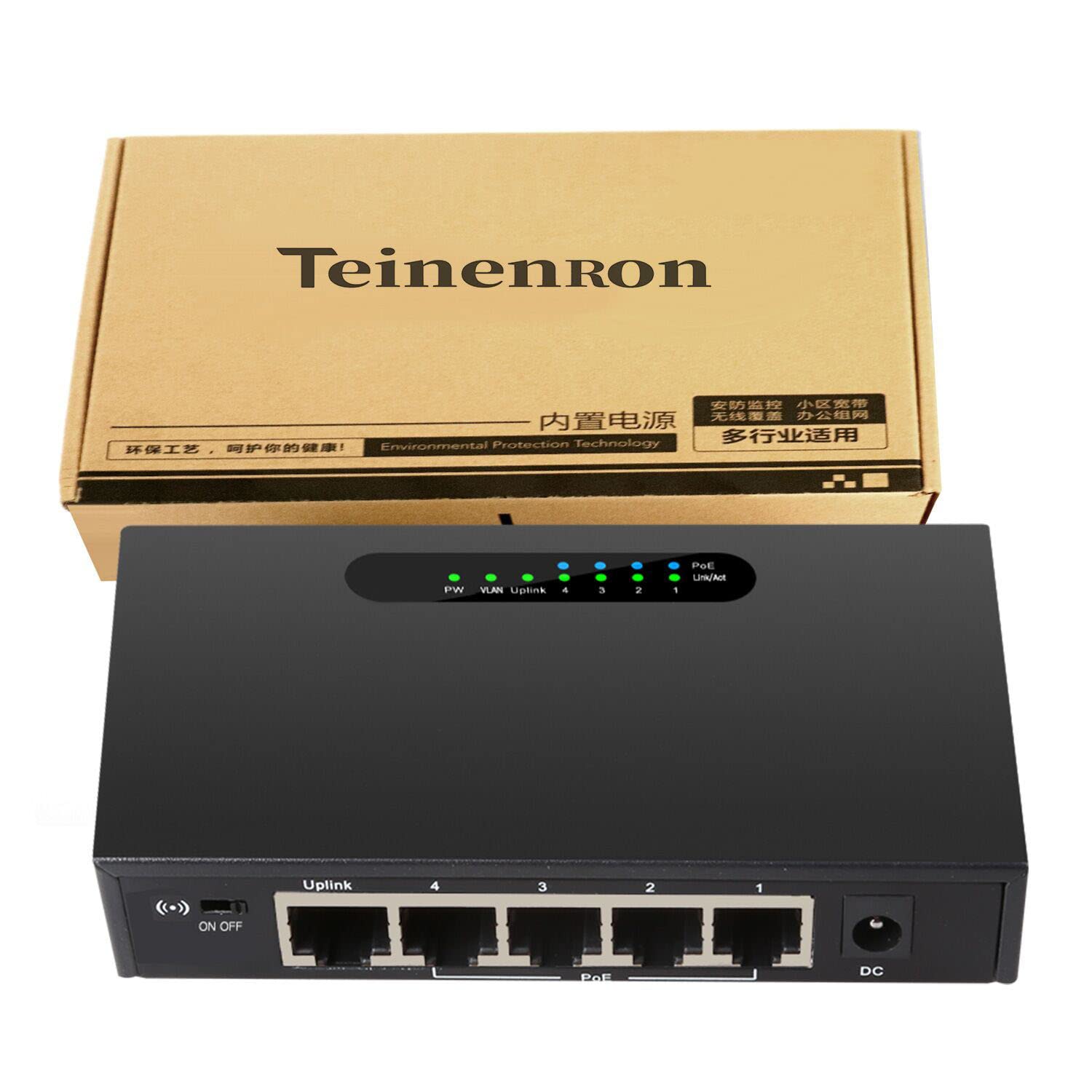 TeinenRon Gigabit POE Switch 5 Port Ethetnet Network Switch Unmanaged Ethernet Spiltter | 4 PoE Port 65W | Plug & Play | Sturdy Metal | Fanless | Limited Lifetime Protection | Traffic Optimization