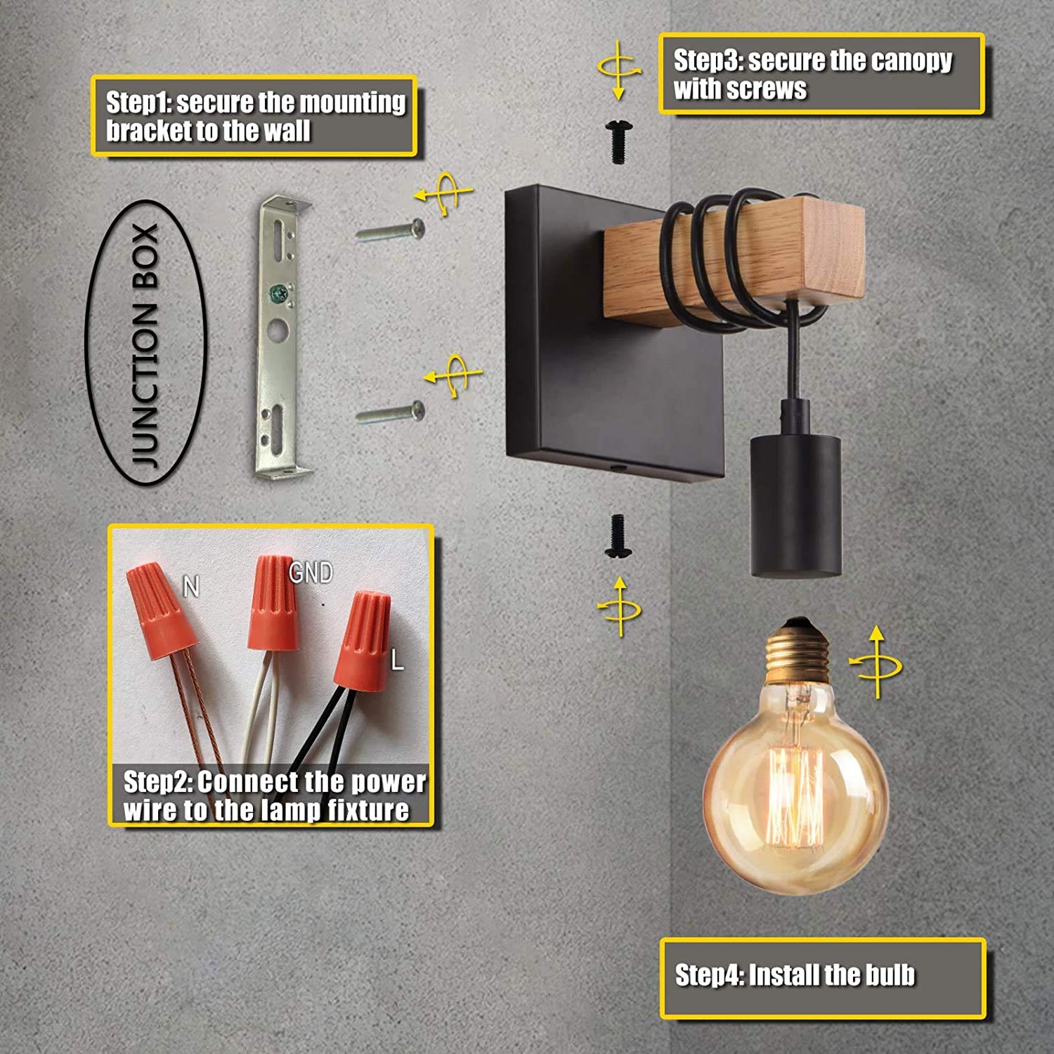 Lightess Black Wall Lights, Edison Wall Lamp 1-Light Industrial Farmhouse Sconce for Barn Kitchen, Living Room, LG9423728