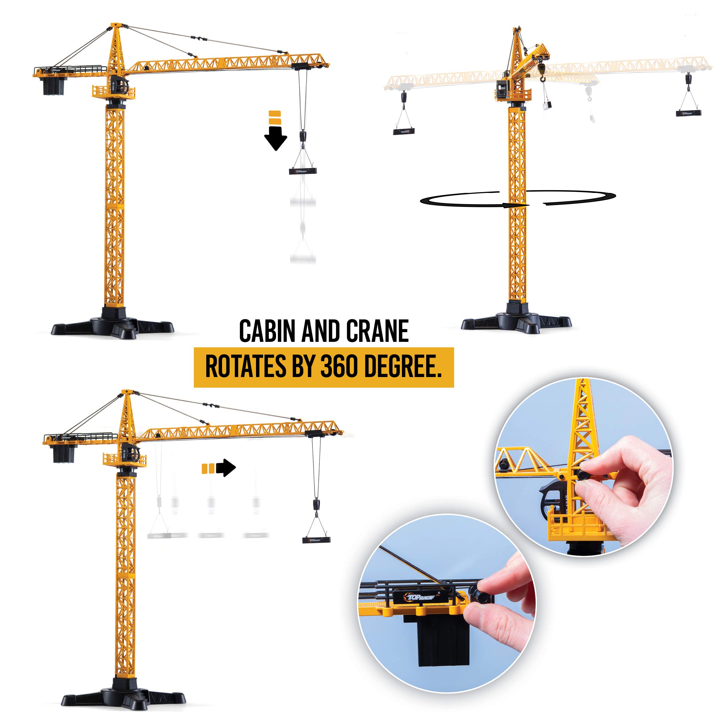 Top Race Metal Diecast Tower Crane & 2 Construction Trucks - Metal Construction Vehicles Model Toy for Kids and Adults