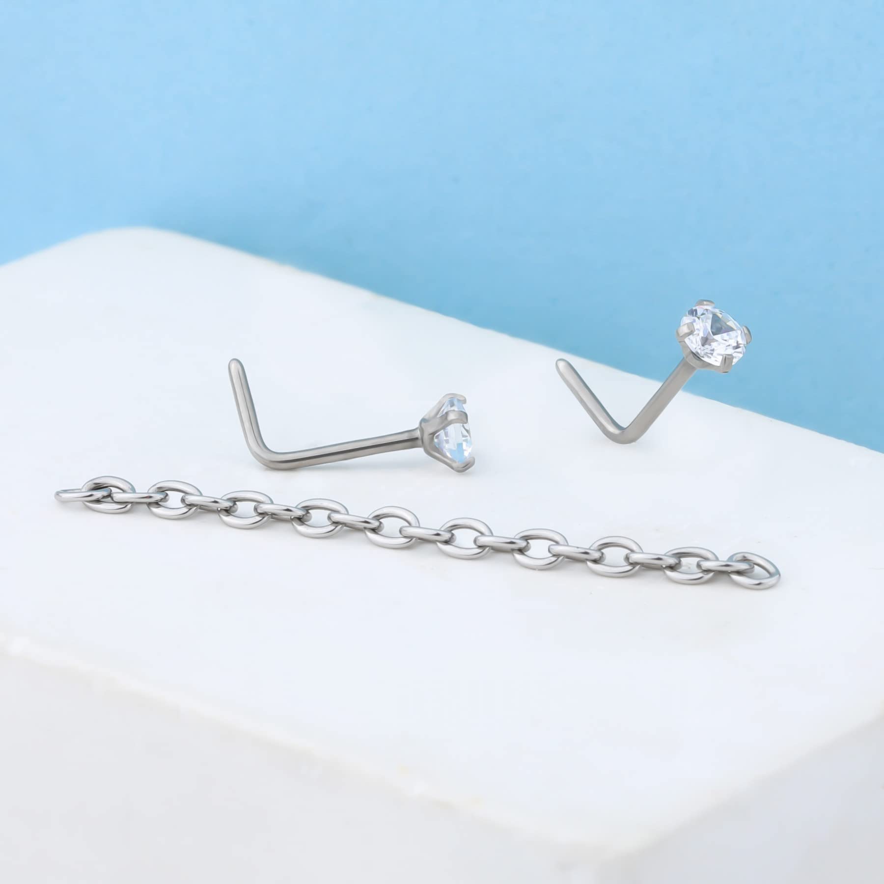 OUFER Solid Titanium Nose Rings, Chain 2PCS 20G Nose Studs, Nostril Clear CZ L Shaped Pack, Nose Piercing Jewelry Women Men