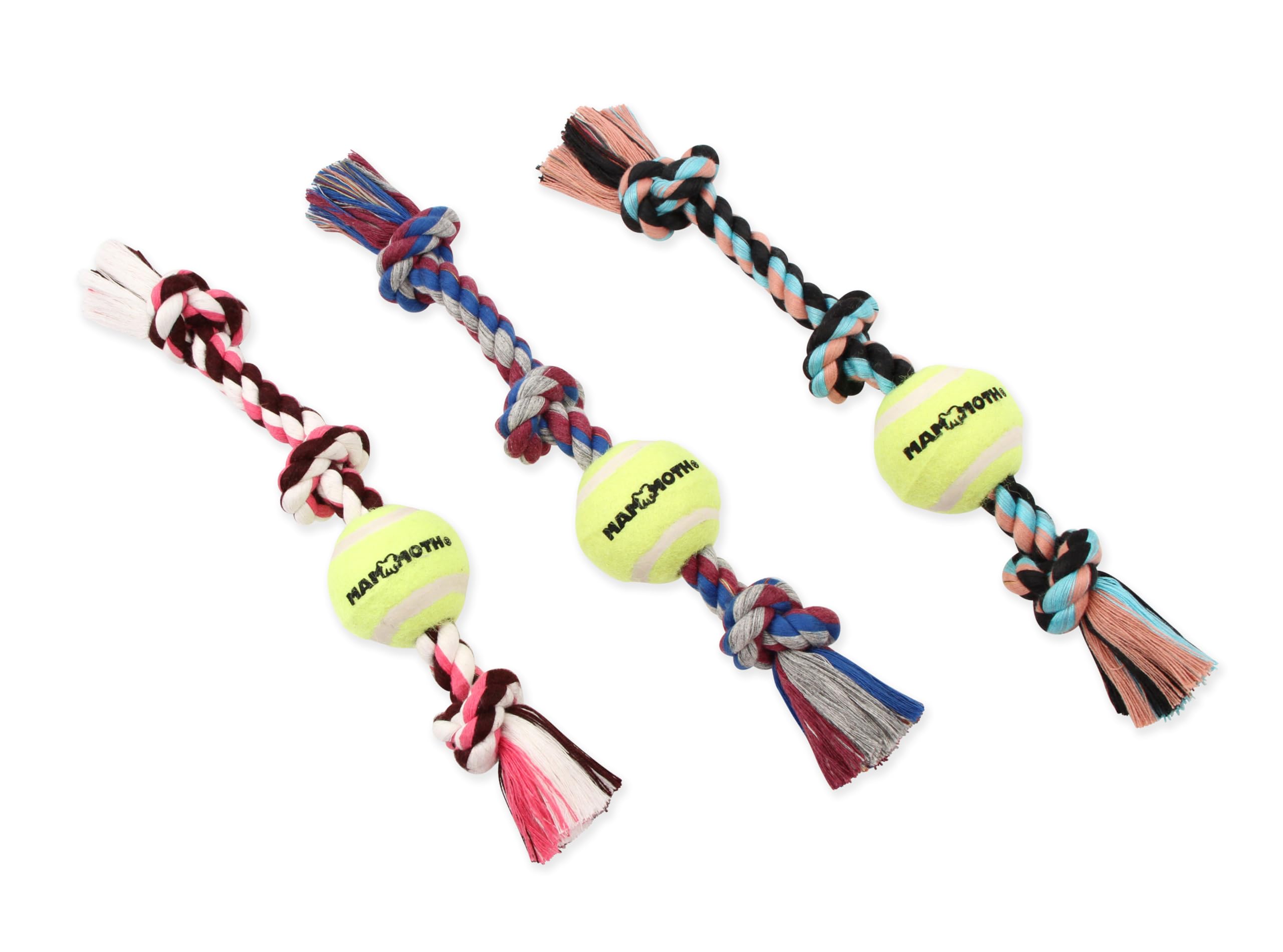 Mammoth Flossy Chews Color 3 Knot Tug w/Standard Tennis Ball – Premium Cotton-Poly Tug Toy for Dogs – Interactive– Rope Dog Toy for Medium Dogs - 20”