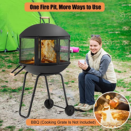 Tangkula Portable Fire Pit with Wheels, 28 Inch Wood Burning Fire Pit with Log Grate, Poker, Rolling Patio Fireplace Wooden Bonfire Firepit for Outdoor Entertaining Black