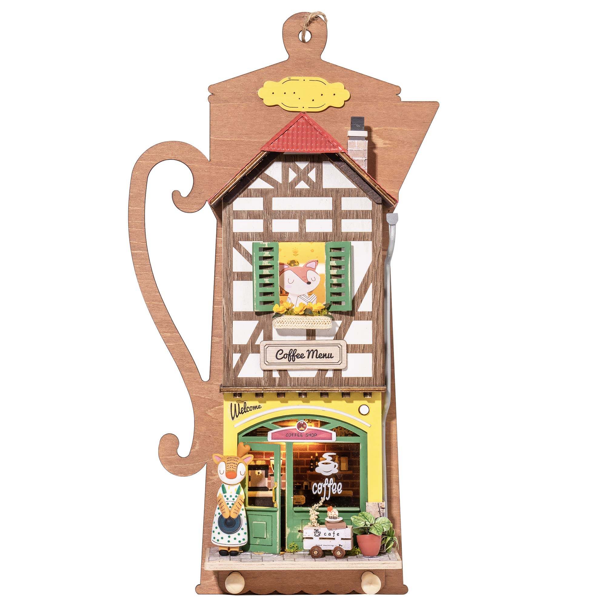 ROBOTIME DIY Miniature Dollhouse kit with LED Wall Hanging Mini House with Hooks Wooden Craft Kits Room Decor Housewarming Gift (Lazy Coffee House)