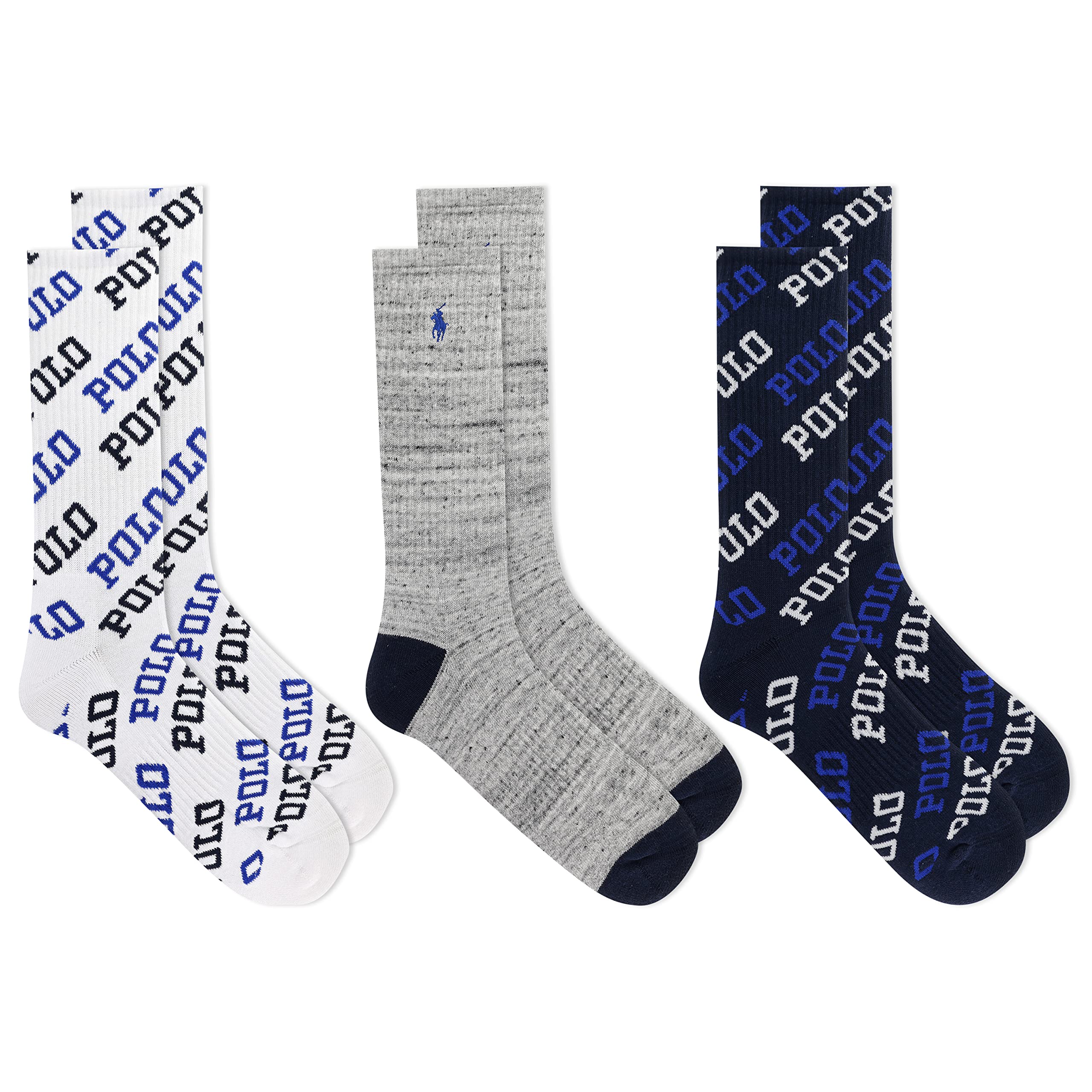 POLO RALPH LAUREN Men's 3-Pack All Over Logo Crew Socks, White Assorted, 10-13