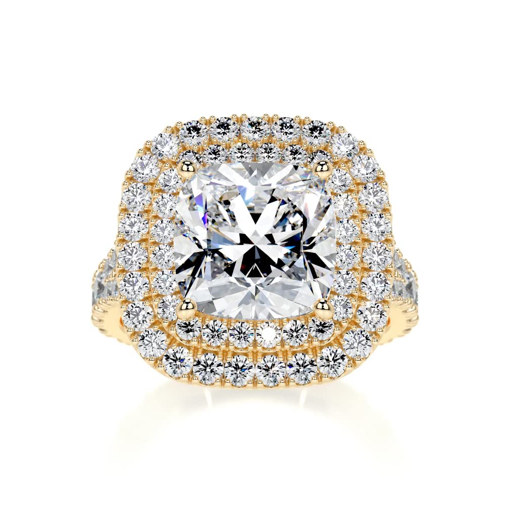 Solid Gold Handmade Engagement Ring 2 CT Cushion Cut Moissanite Diamond Double Halo Bridal Wedding Ring for Anniversary Propose Gift (14K Solid Yellow Gold)