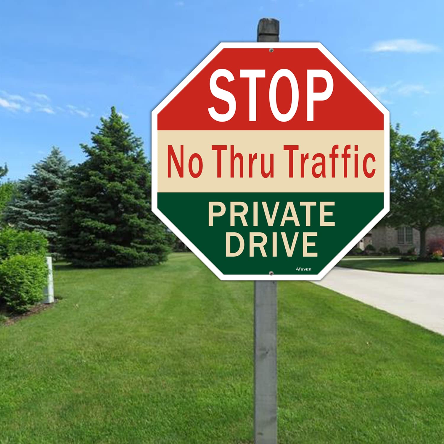 Stop No Thru Traffic Private Drive Sign 12" x 12" Private Driveway Sign Metal Reflective No Thru Traffic Sign Rust Free Aluminum Stop Sign UV Protected Waterproof Outdoor Use 2 Pack