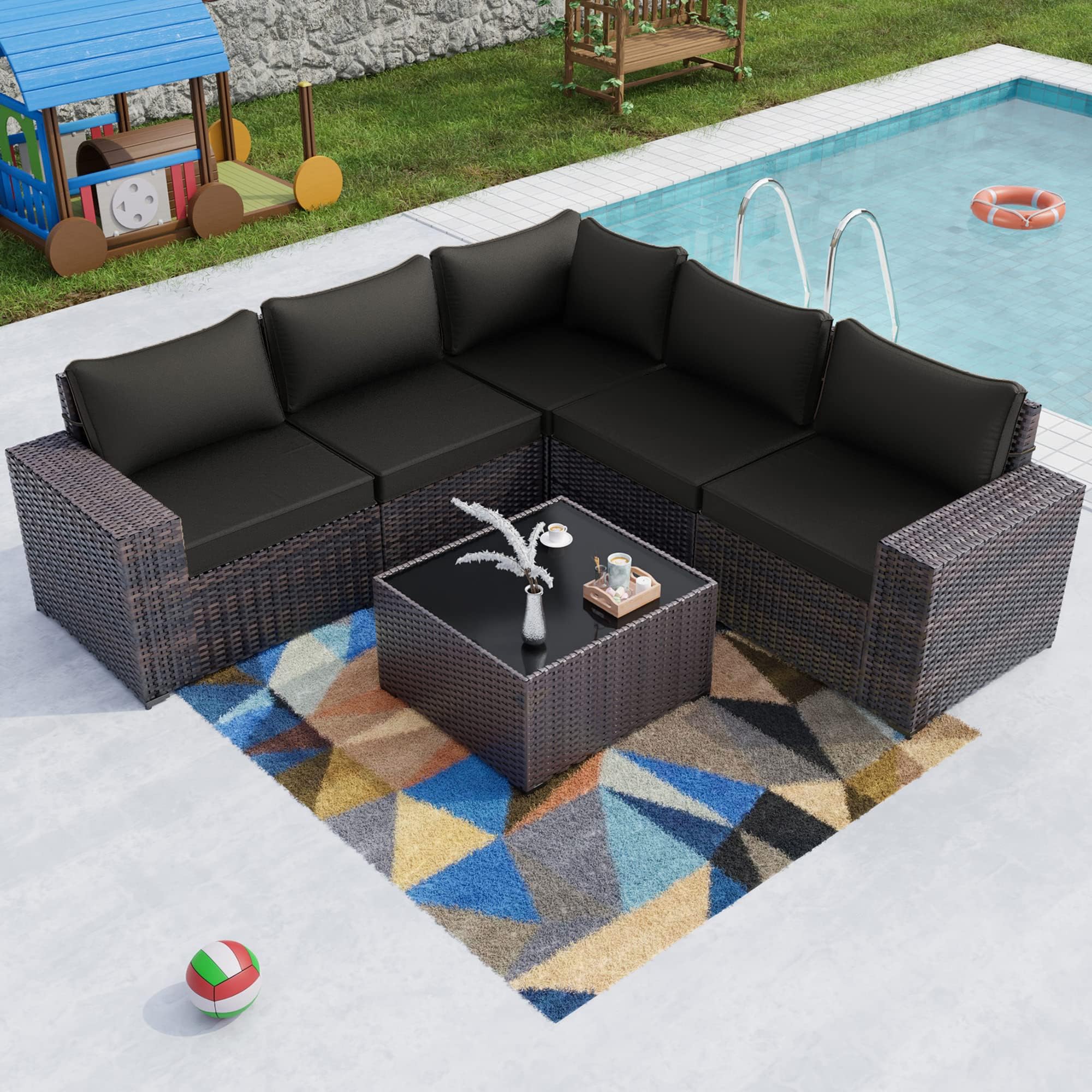 Kullavik 6PCS Outdoor Patio Furniture Set PE Wicker Rattan Sectional Sofa Patio Conversation Sets,Cream