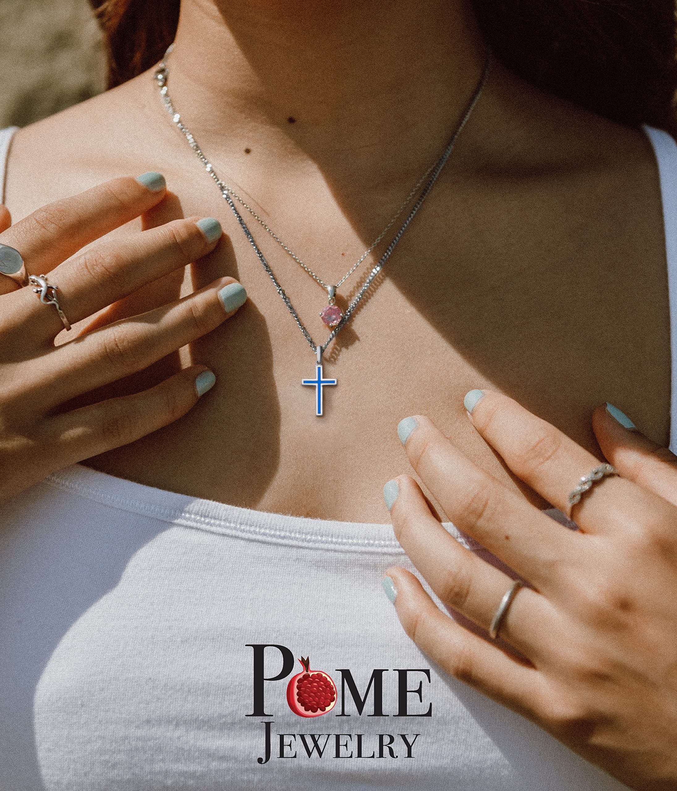 Pome Enameled Cross Necklace in Sterling Silver, Small and Large Pendants, Made in America (Large Pendant, 18" Necklace, Blue Enamel)