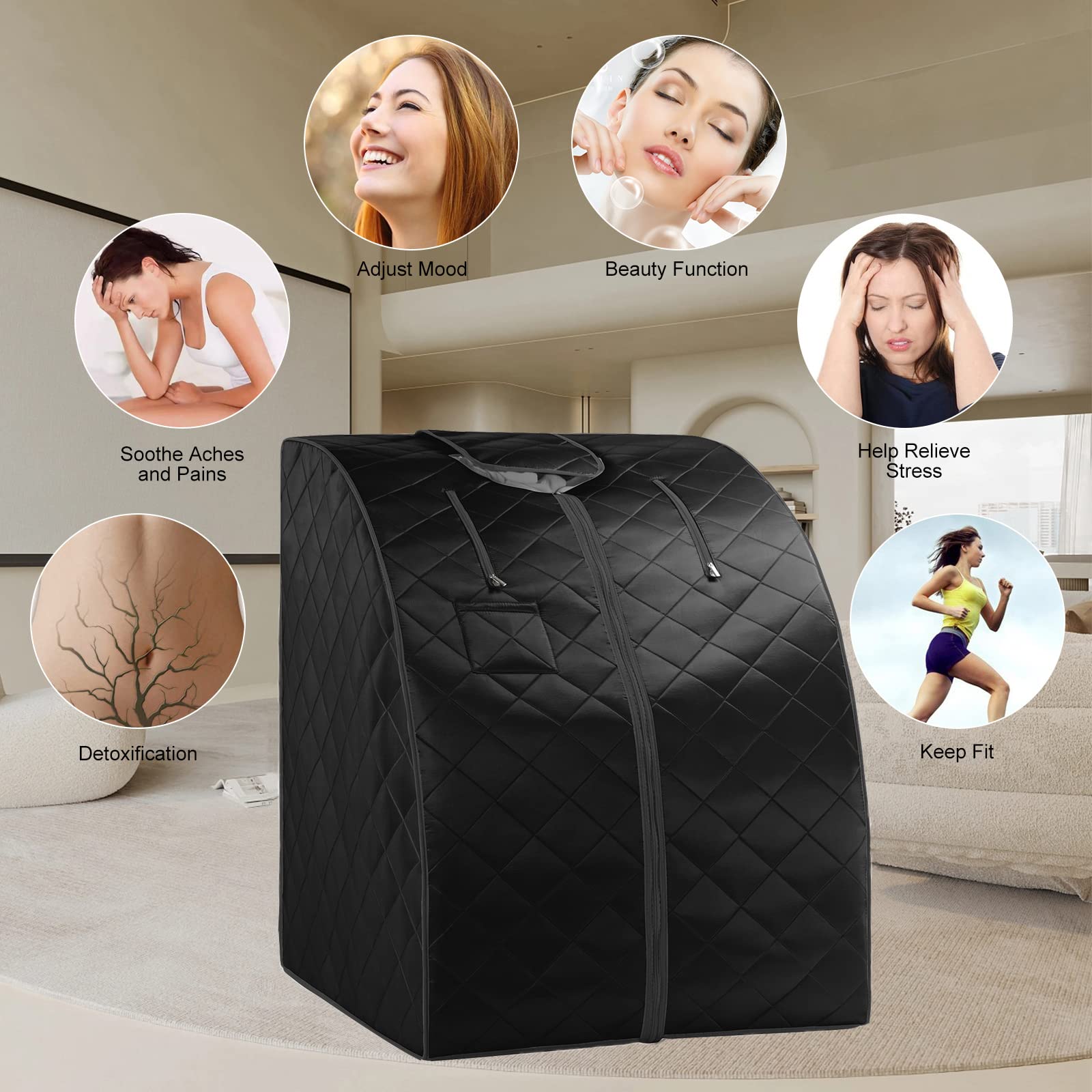 ZONEMEL Personal Far Infrared Sauna for Home, Oversized Portable Sauna for Relaxation, Better Sleep, with Heating Foot Pad, Portable Chair (X-Large, Black, L 33β x W 31.5β x H 40.5β)