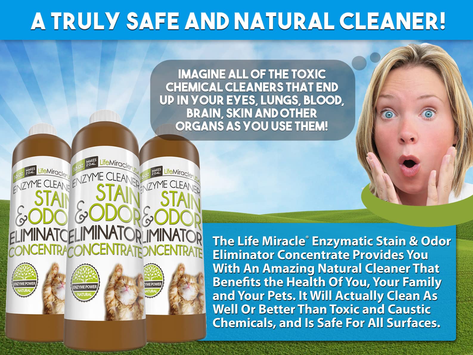 Life Miracle Enzyme Cleaner & Pet Odor Eliminator CONCENTRATE | Deep Cleaning Enzymatic Spot Remover for Dog Cat Urine, Rug, Carpet, Upholstery, Couch, Car Stains & Smells | Makes 2 GALLONS