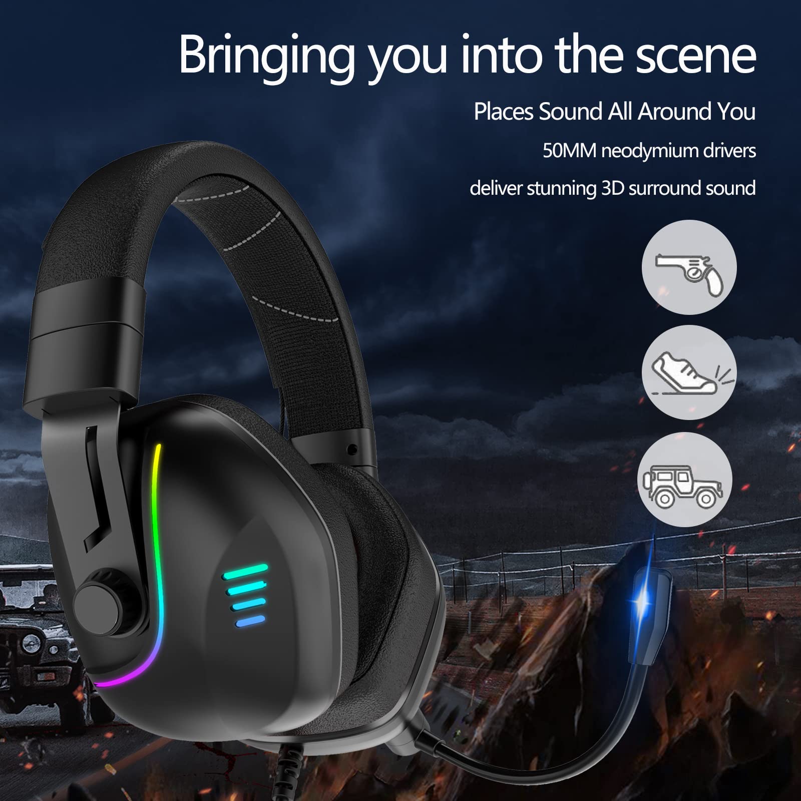Stereo Gaming Headset with Noise Cancelling Microphone Over Ear Headphones, LED Light, Bass Surround, Soft Memory Earmuffs Portable Foldable -for PC, PS4, PS5, Xbox One, Switch (Black)