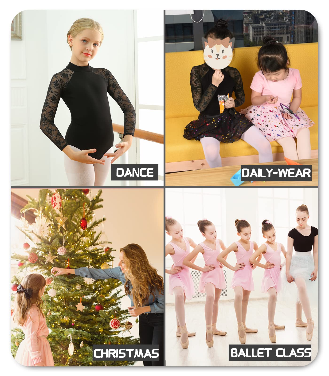 MOLLDAN Girls Dance Ballet Leotard with Lace Long Sleeves Kids Turtle Neck Dancewear,Hollow Back(QT6029-06-XXL)