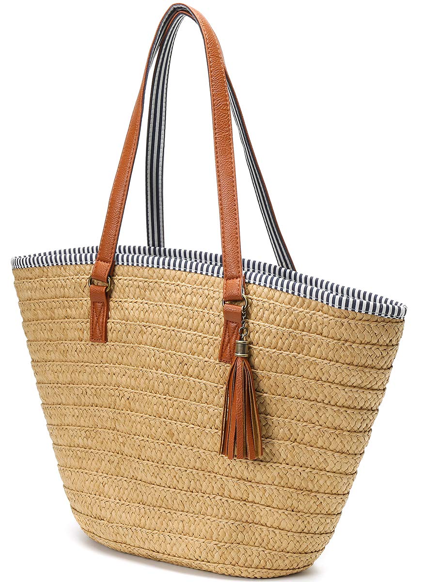 Molodo Straw Bag Round Summer Straw Large Woven Beach Bag Purse For Women Vocation Tote Handbags With Pom Poms