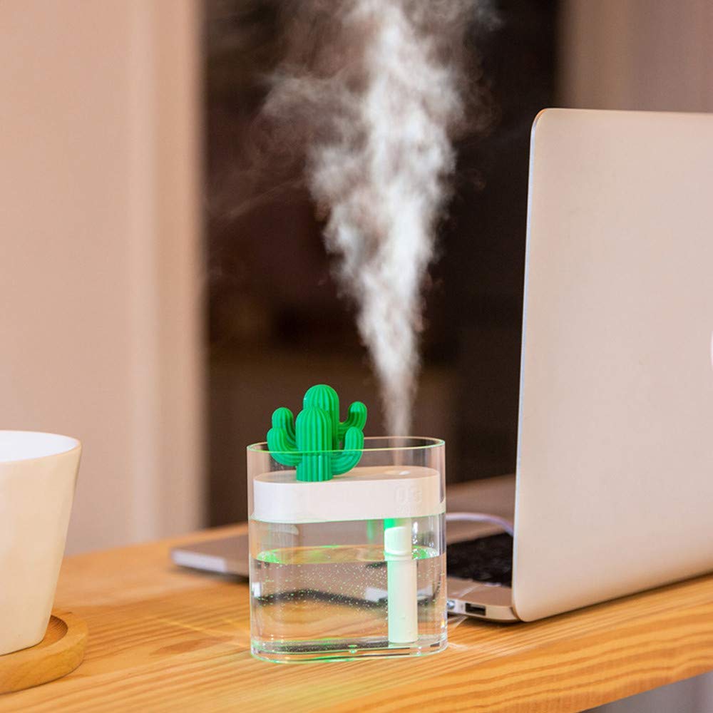 Mini USB Cool Mist Humidifiers, Cactus Humidifier with Night Light for Desk, 160ml Portable Air Diffuser for Bedroom, Office, Babies, Home, Travel, Waterless Auto-off …