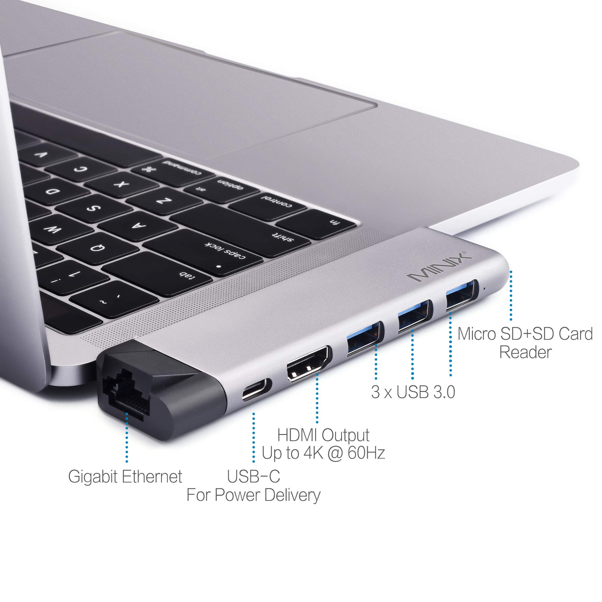 MINIX Aluminum USB-C multiport Hub-Gigabit Ethernet, 4K UHD,USB 3.0x3,SD/Micro SD Reader, USB-C-PD, Compatible with Apple MacBook Air and MacBook Pro. (Space Gray) Sold Directly