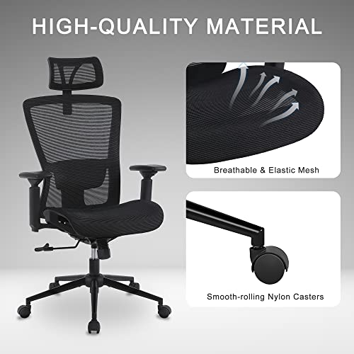 Youhauchair Ergonomic Office Chair, Home Office Desk Chairs with Adjustable Headrest and Lumbar Support, 3D Armrests, Tilt Lock Function, High Back Swivel Mesh Computer Chair