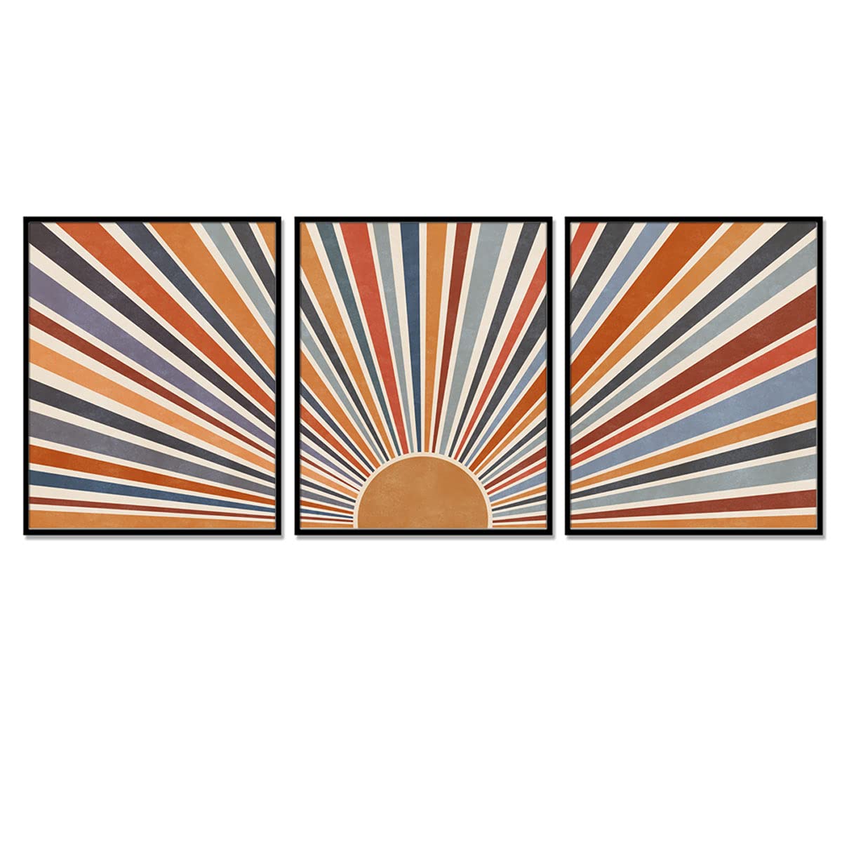 Sun Rays Print Boho Wall Decor Mid Century Modern Geometric Sunshine Wall Art Abstract Sun Boho Print Nursery Blue Orange Decor Set Of 3 UNFRAMED 11X14INCH