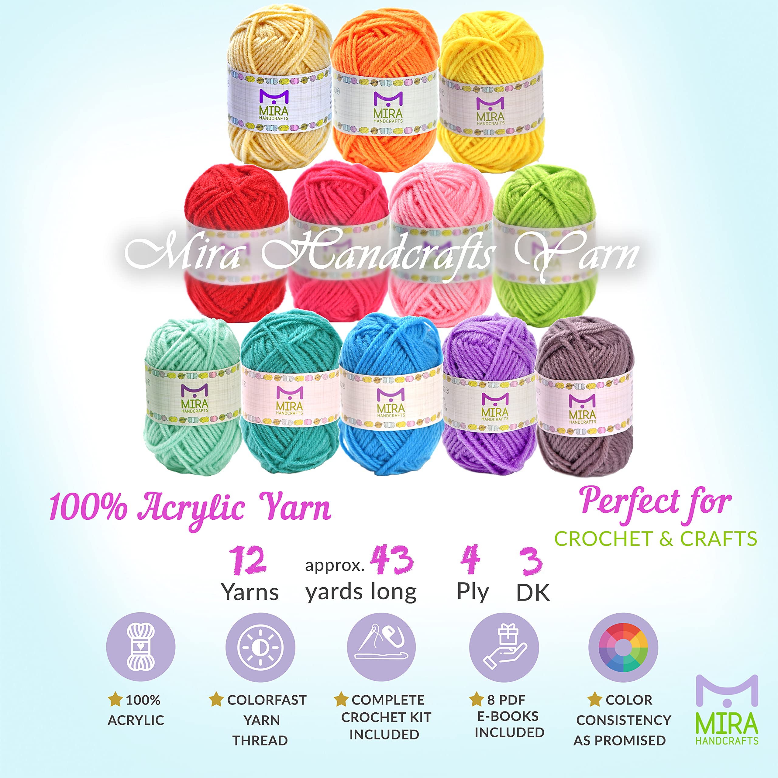 Mira Handcrafts 12 Acrylic Yarn Skeins, Complete Crochet Kit and Real Project Book - Total 516 Yards Crafts Yarn – Ideal Starter Kit Gift