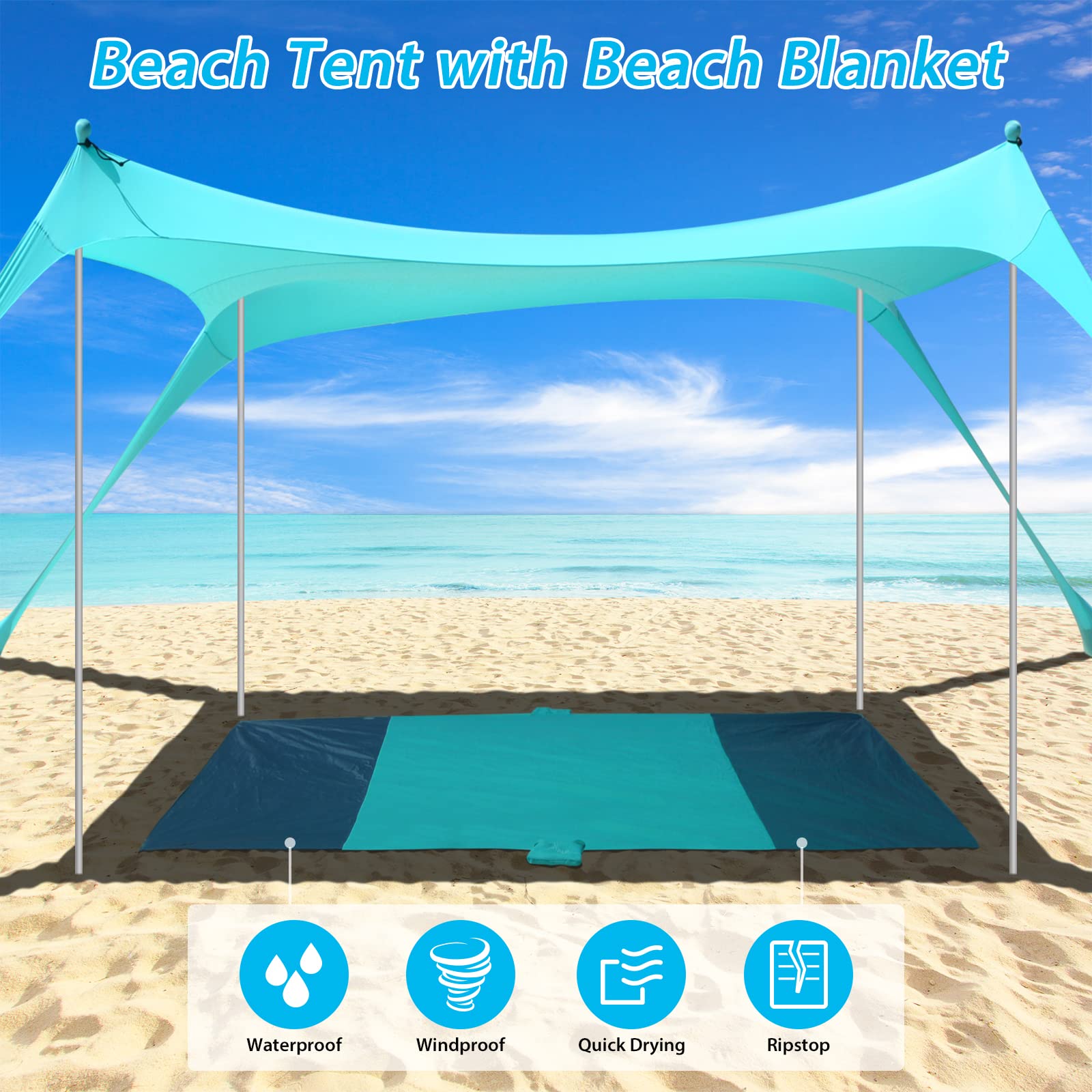 Pop Up Beach Tent Sun Shelter UPF50+, Windproof Sun Shade with Beach Blanket, Outdoor Shade Canopy for Camping Trips,Fishing,Picnics,Backyard (10x10 FT 4 Poles, Turquoise)
