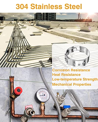 VIGRUE 304 Stainless Steel Single Ear Hose Clamps with Pincer, 105PCS 3/8'' to 1'' Stepless Hose Clamps with Pipe Clamp Tool, Pex Cinch Clamps Rings Tool Assortment Kit