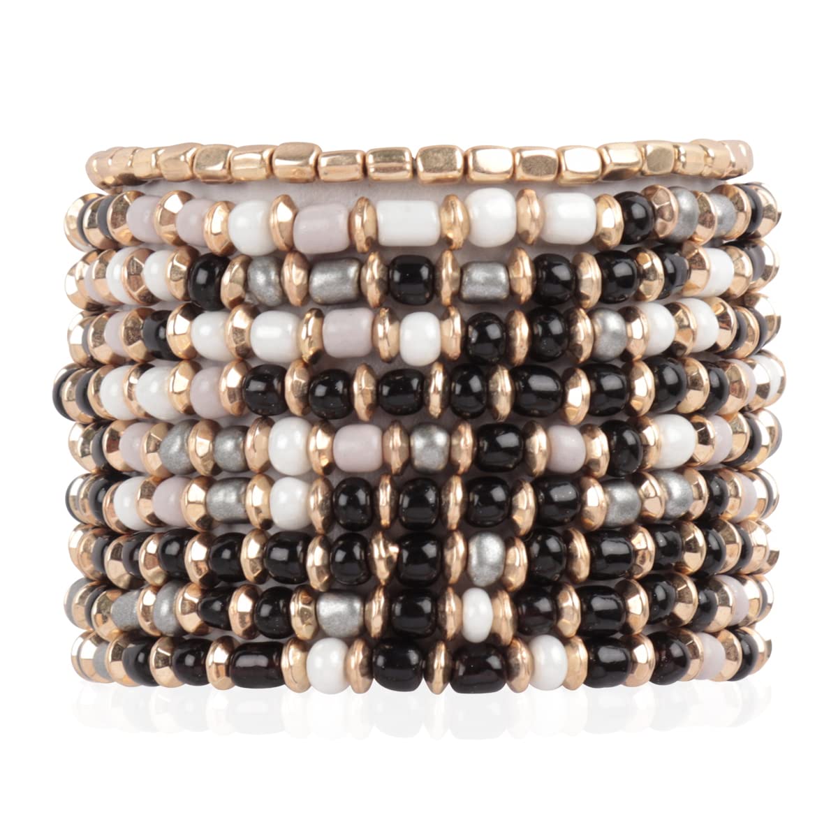 RIAH FASHION Bohemian Multi-Layer Beaded Pendant Statement Stretch Strand Bracelet - Sparkly Bead Tassel Pom Pom Star Charm Stack Cuff Bangles (Boho Indian Beaded Multi Bracelets - Bali Gold Multi)