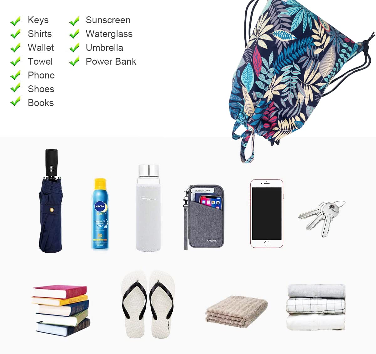 Risefit Water Resistant Dry Wet Separated Small Drawstring Backpack Bags, Nylon Gym Sport Sackback String Bags for Men Women Travel