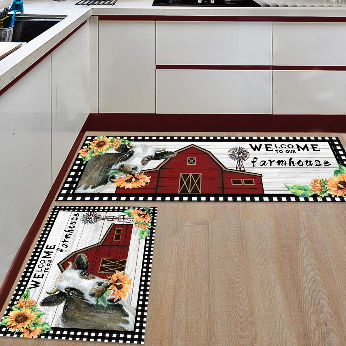 Queener Home Farmhouse Cow and Old Red Wooden Barn Kitchen Rugs and Mats Set of 2, Washable Floor Doormat Comfort Area Runner Rug Non-Slip Rubber Backing for Indoor Sunflowers