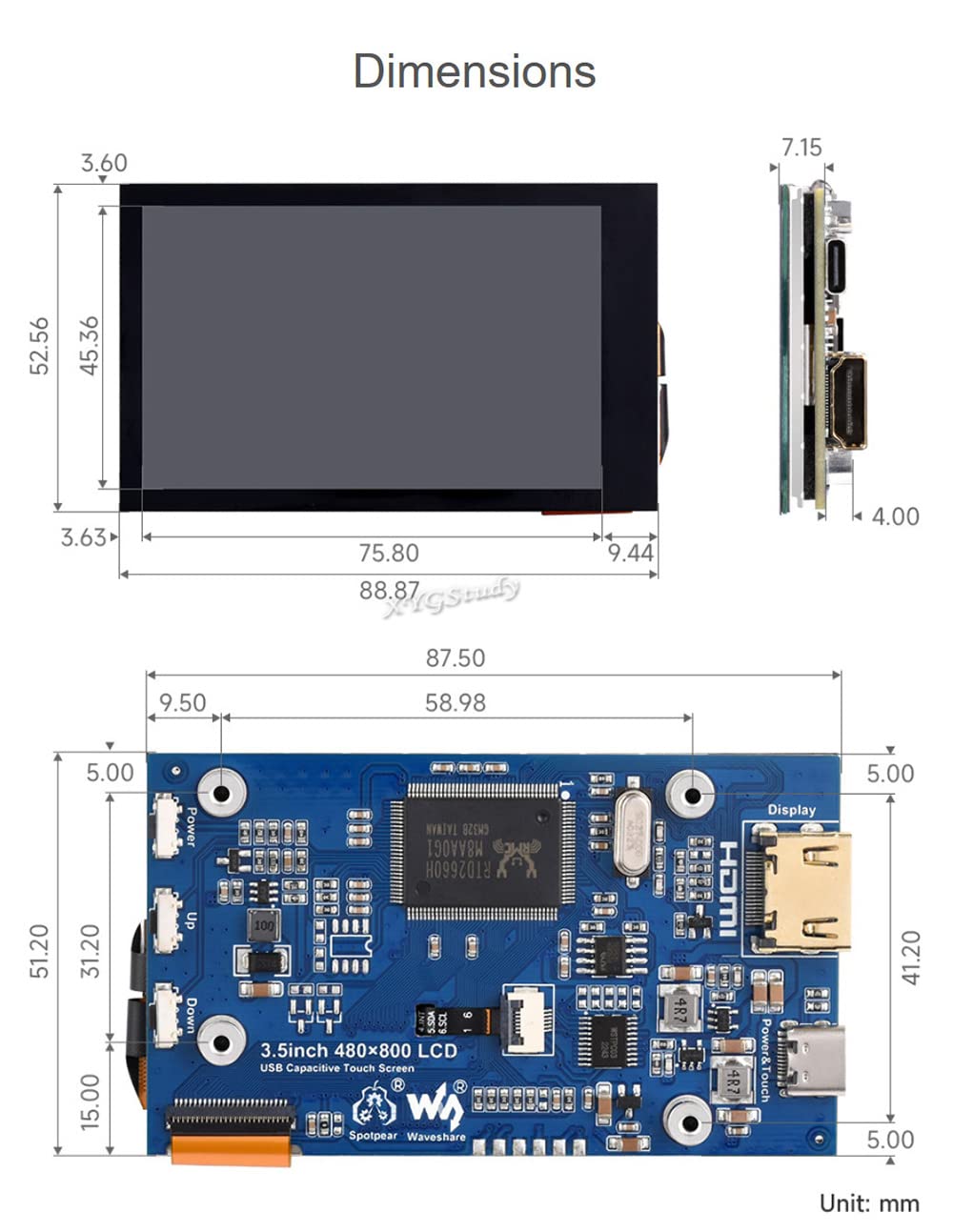 XYGStudy 3.5inch IPS 480×800 HDMI Capacitive Touch LCD Adjustable Brightness Display Panel Supports Raspberry Pi Jetson Nano Supports Windows 11 / 10 / 8.1 / 8 / 7 PC