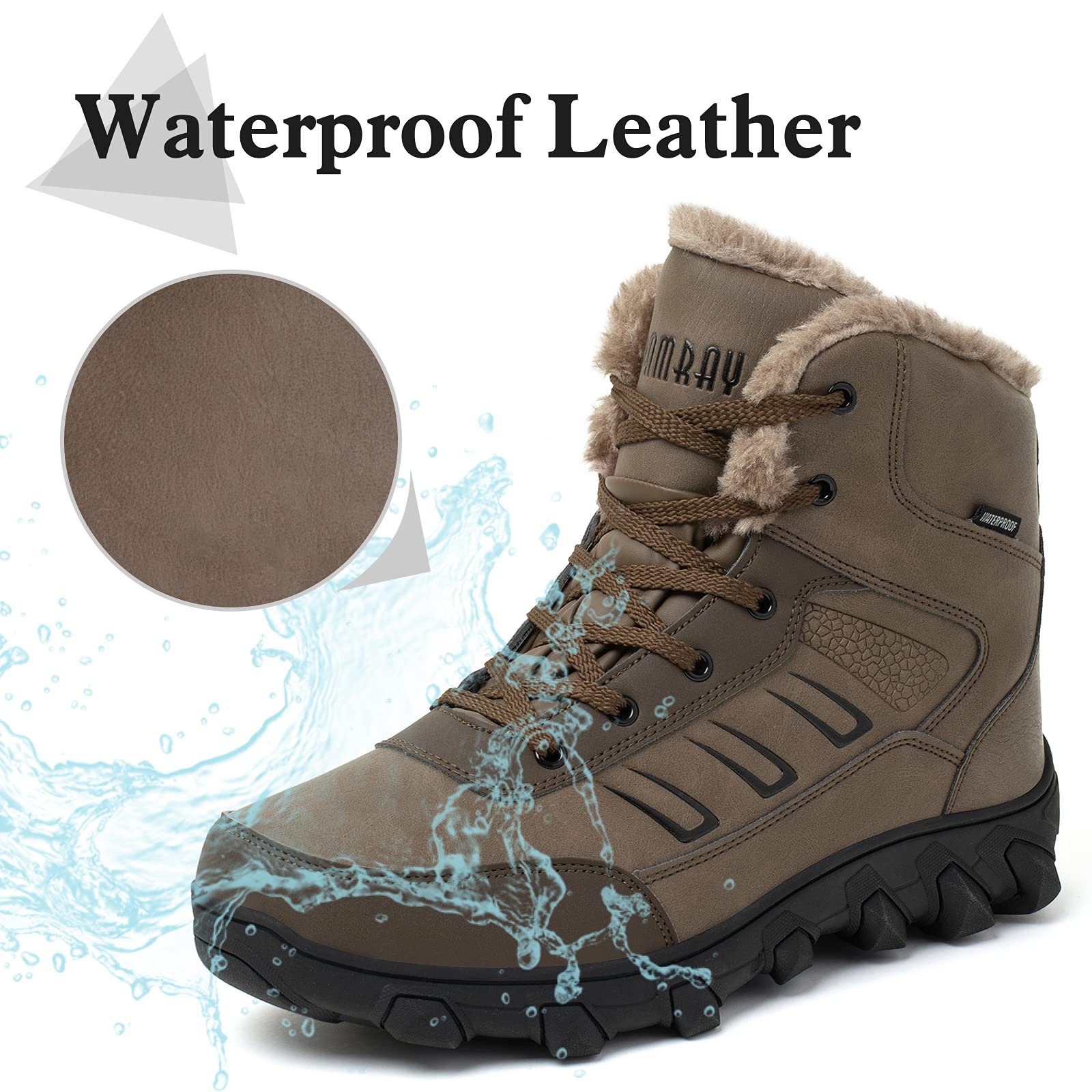 Pamray Men Winter Snow Boots Warm Waterproof Mid Calf Shoes Outdoor Hiking Climbing with Full Fur Lined Dark-Brown 46